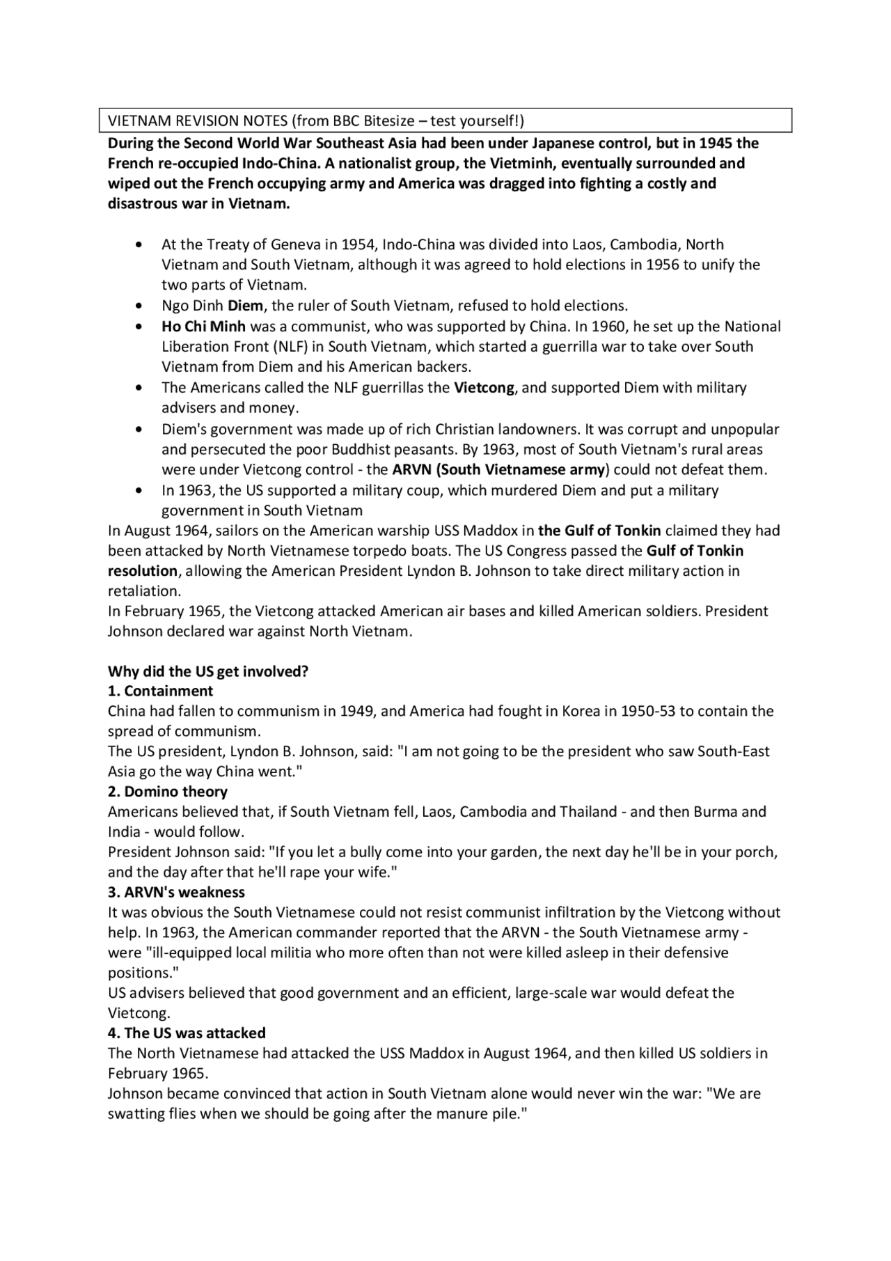 VIETNAM REVISION NOTES (from BBC Bitesize – test yourself!) | Study ...