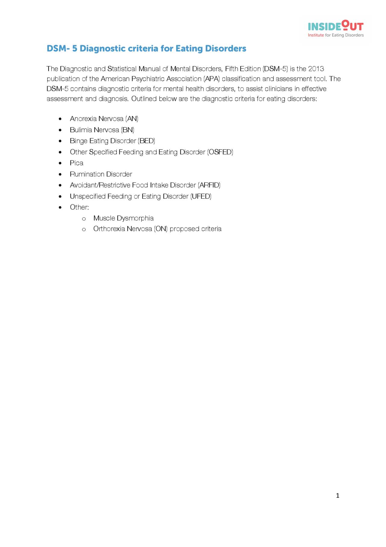 DSM- 5 Diagnostic criteria for Eating Disorders | Notas de estudo Psicologia Della Salute | Docsity