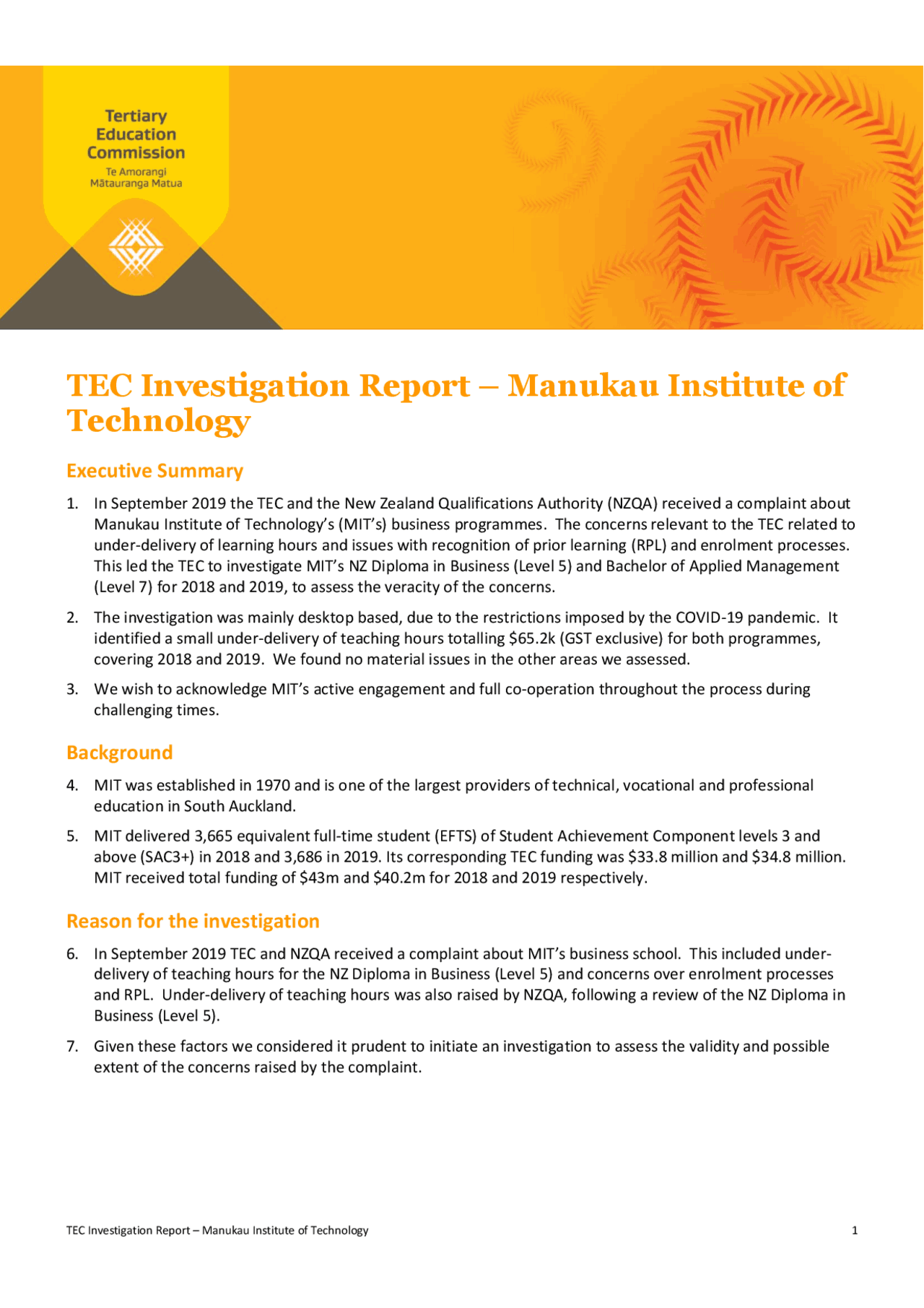 TEC Investigation Report – Manukau Institute of Technology | Exercises ...