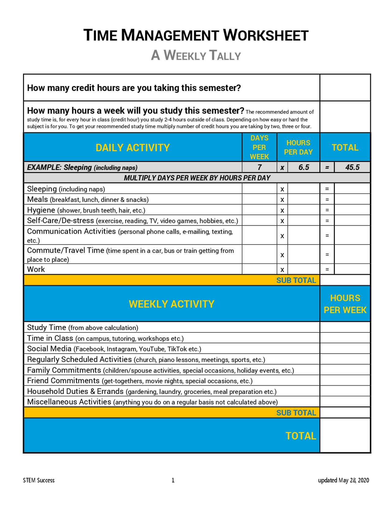 Time Management Worksheet for STEM Students | Study Guides, Projects ...