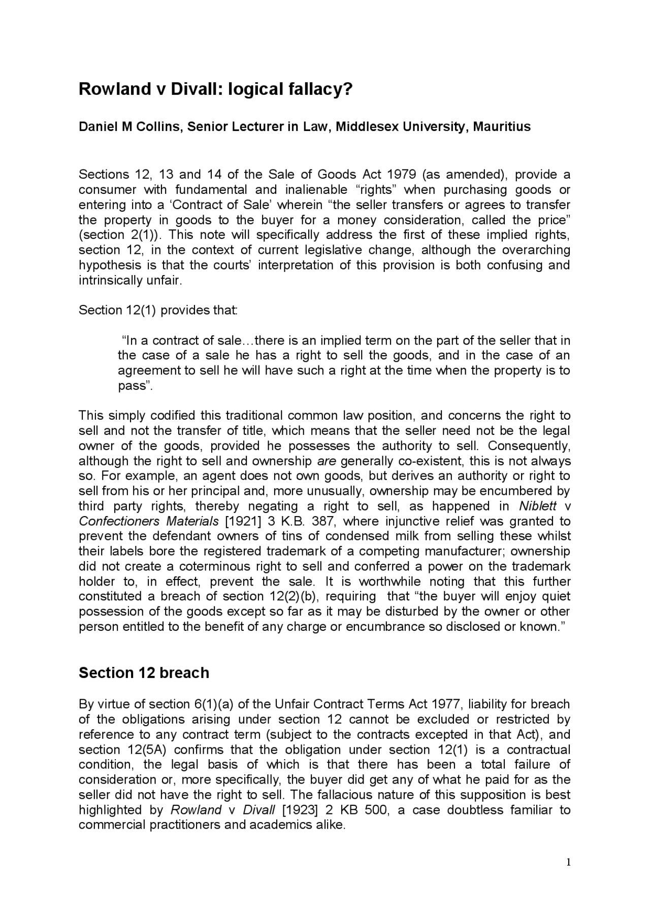 Rowland V Divall Logical Fallacy Summaries Law Docsity