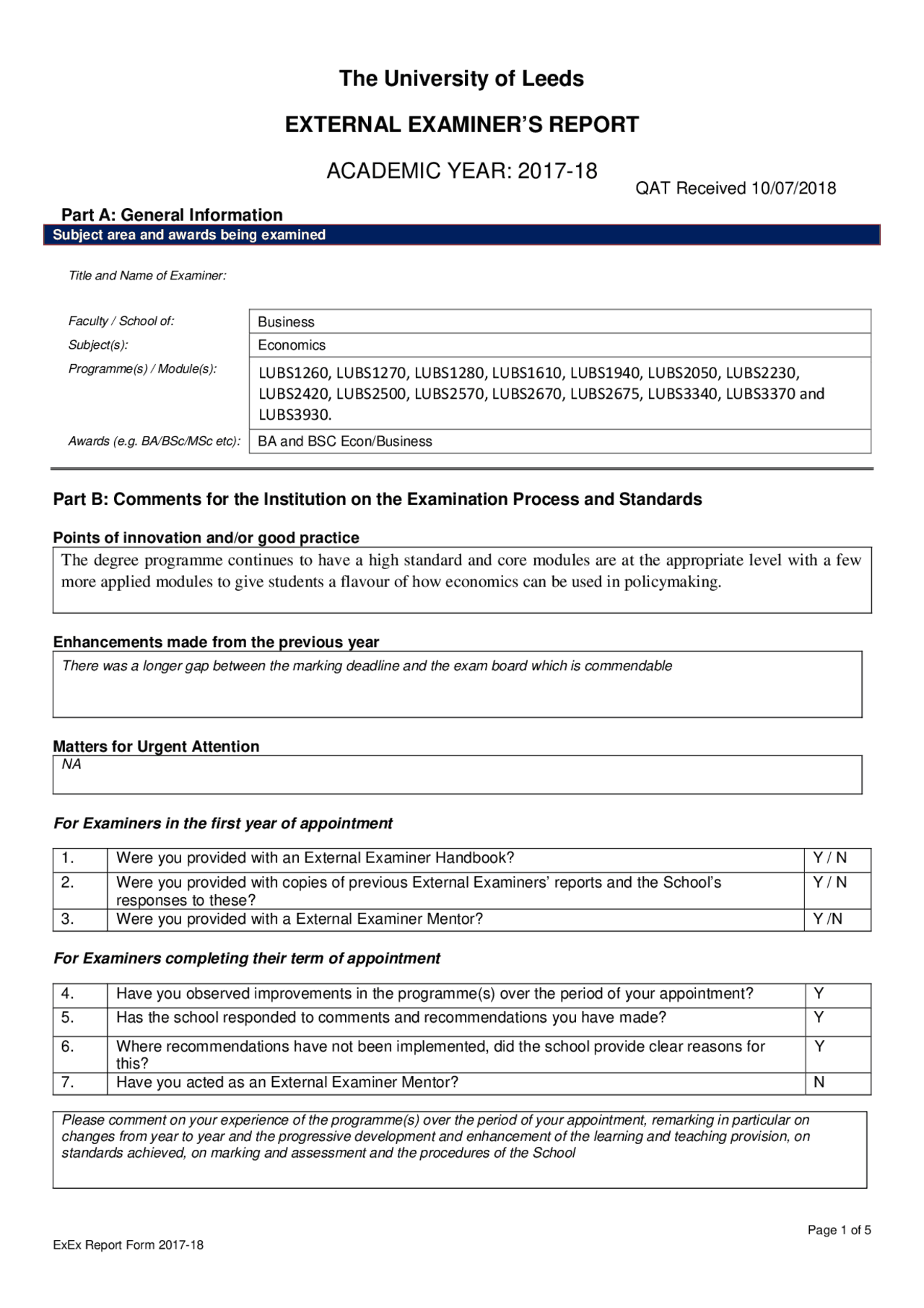 The University of Leeds EXTERNAL EXAMINER'S REPORT ... | Exercises ...
