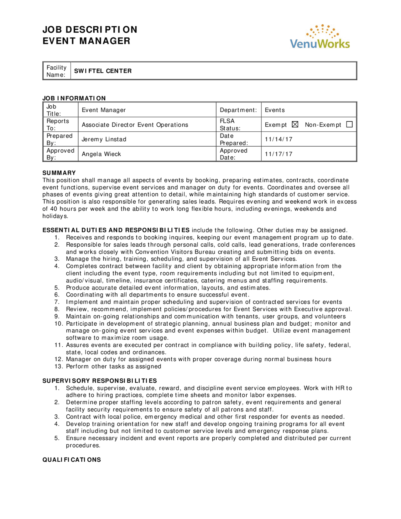 JOB DESCRIPTION EVENT MANAGER | Study notes Business | Docsity