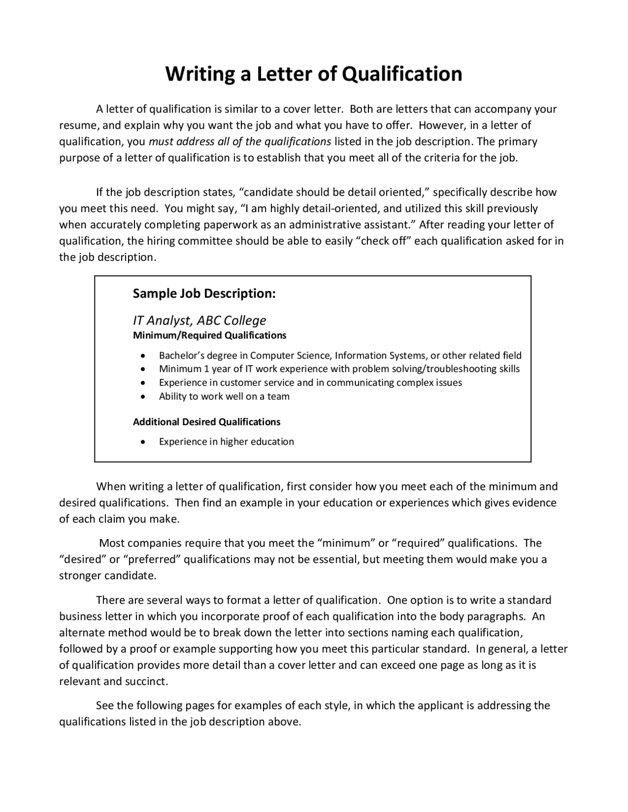 Writing a Letter of Qualification | Study notes Computer science | Docsity