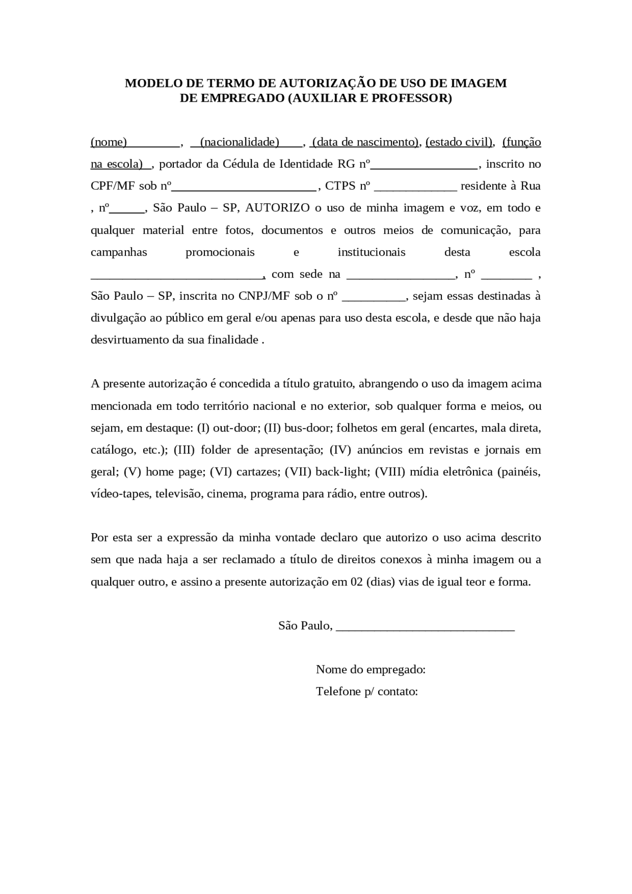 USO IMAGEM EMPREGADO | Esquemas Direito do Trabalho | Docsity