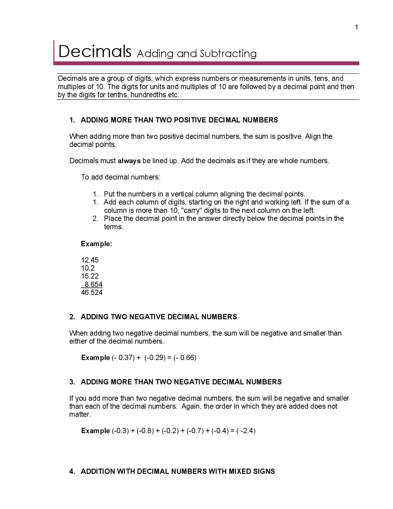 Decimals Adding and Subtracting | Exercises Mathematics | Docsity