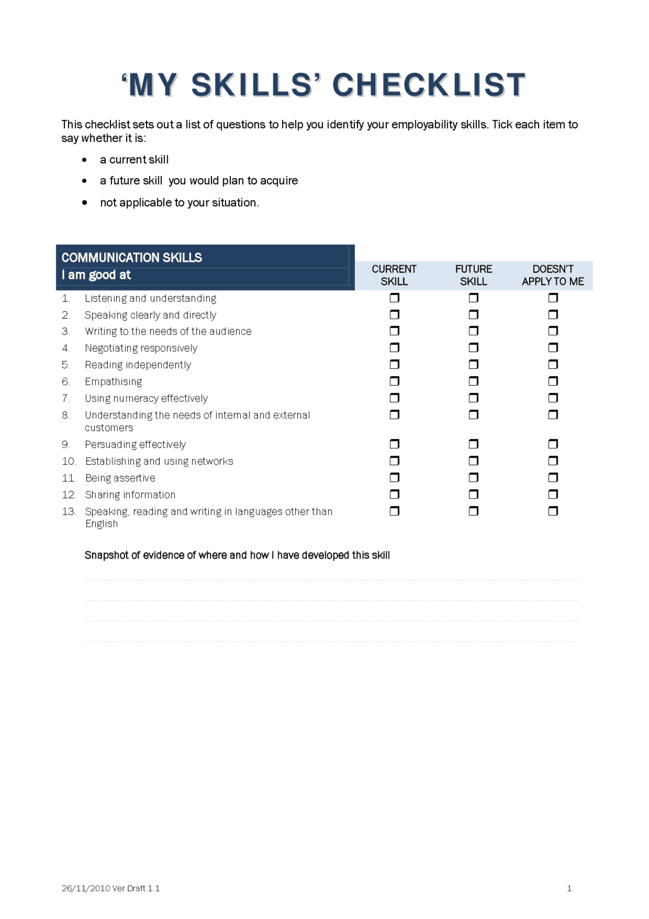 'MY SKILLS' CHECKLIST | Schemes and Mind Maps Technology | Docsity