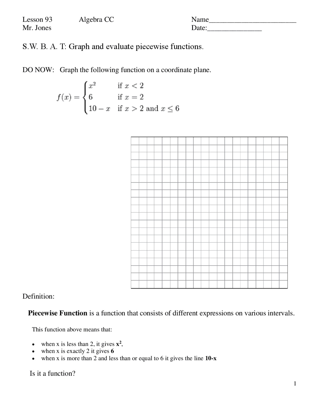 Sw B A T Graph And Evaluate Piecewise Functions Exercises