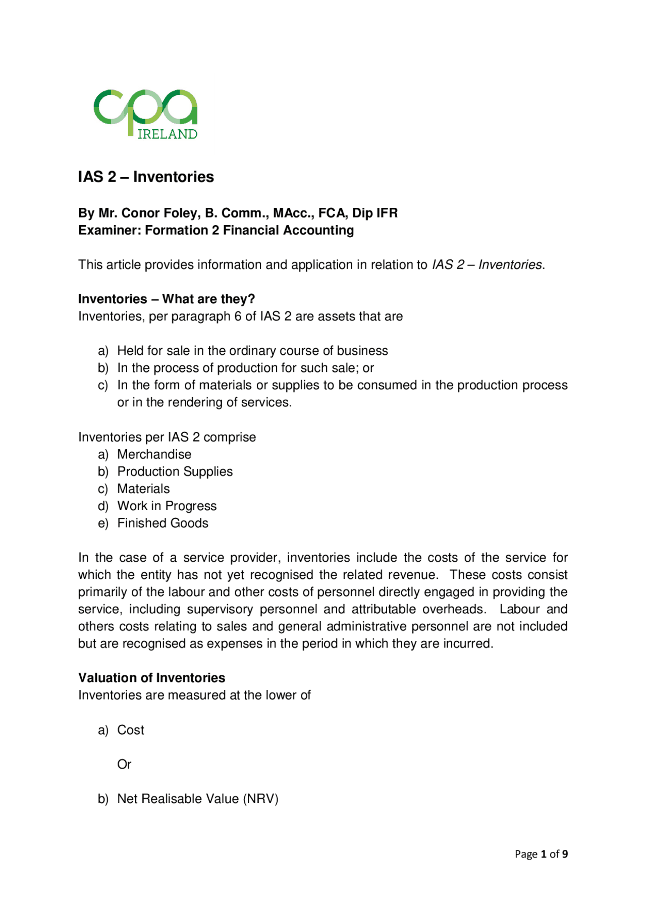 IAS 2 – Inventories | Schemes and Mind Maps Business | Docsity