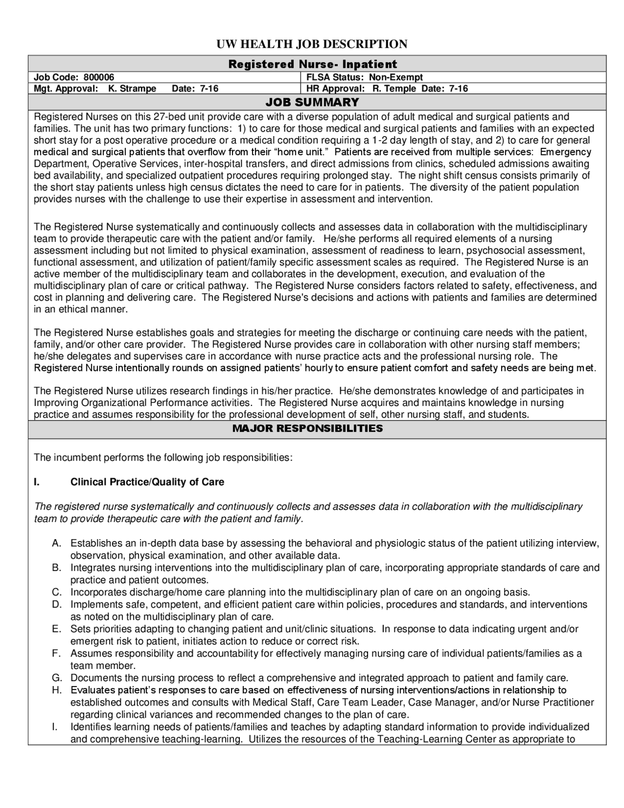 UW HEALTH JOB DESCRIPTION | Study notes Nursing | Docsity