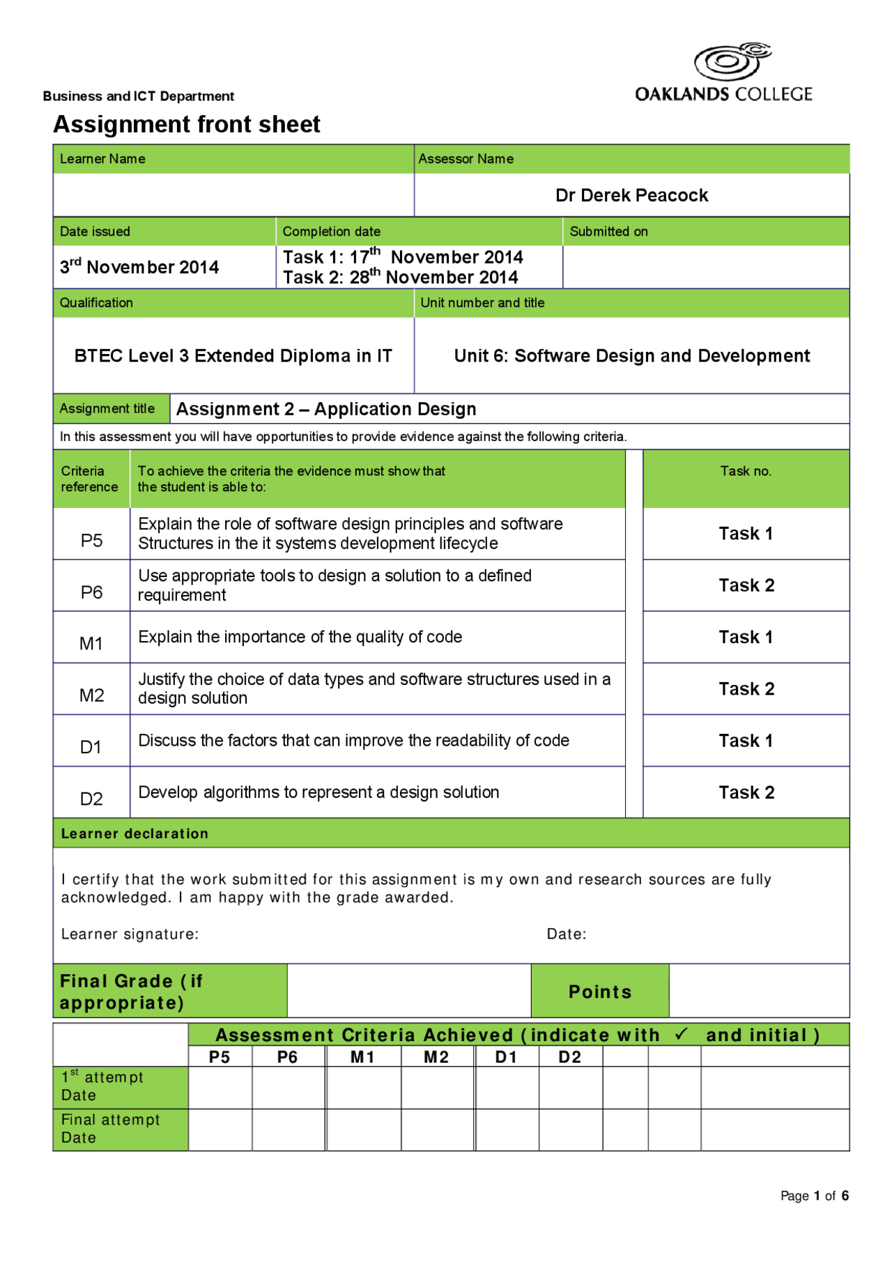 Assignment Front Sheet Valerianweb Study Notes Design Docsity