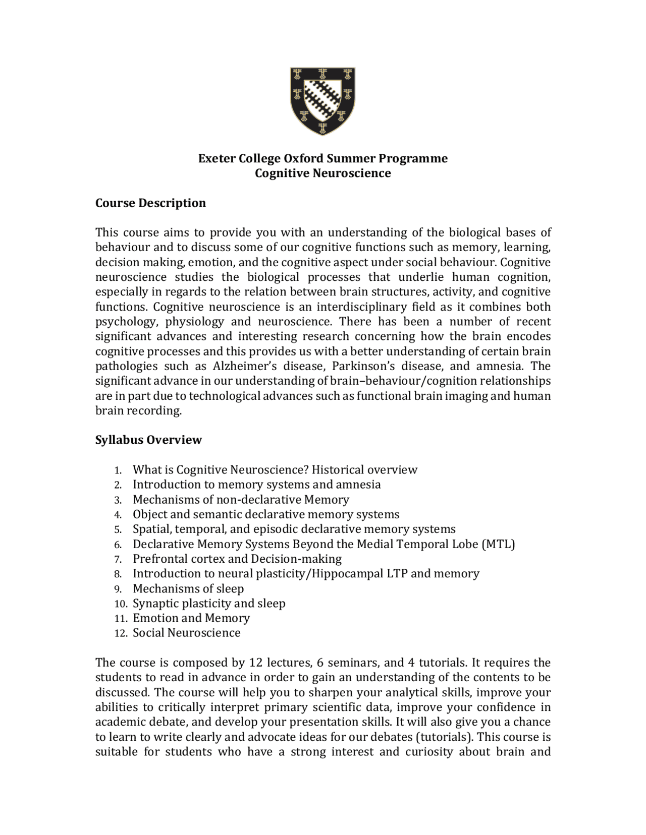 Cognitive Neuroscience Summer Programme at Exeter College Oxford ...