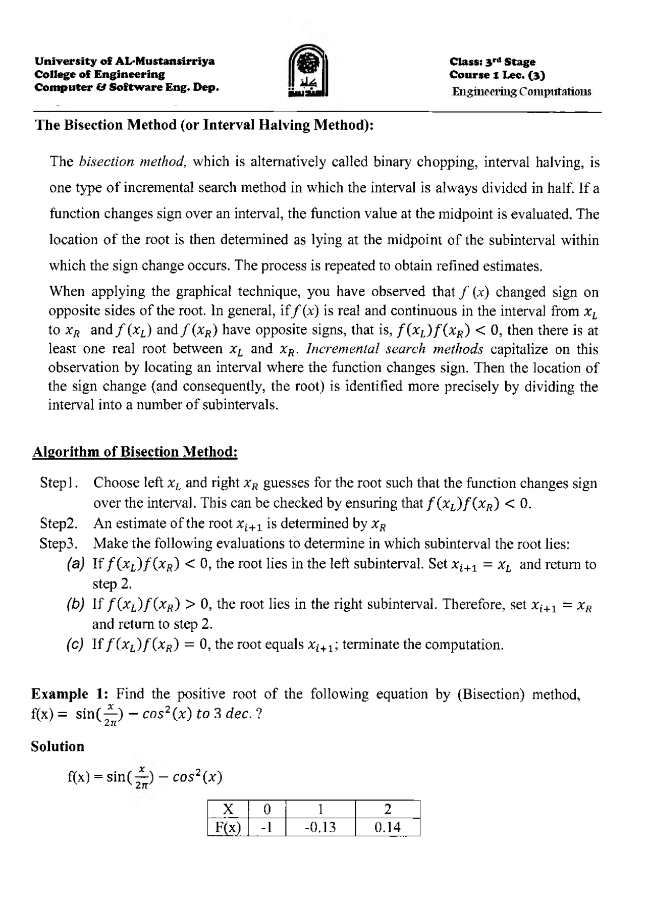 The Bisection Method Or Interval Halving Method Exercises