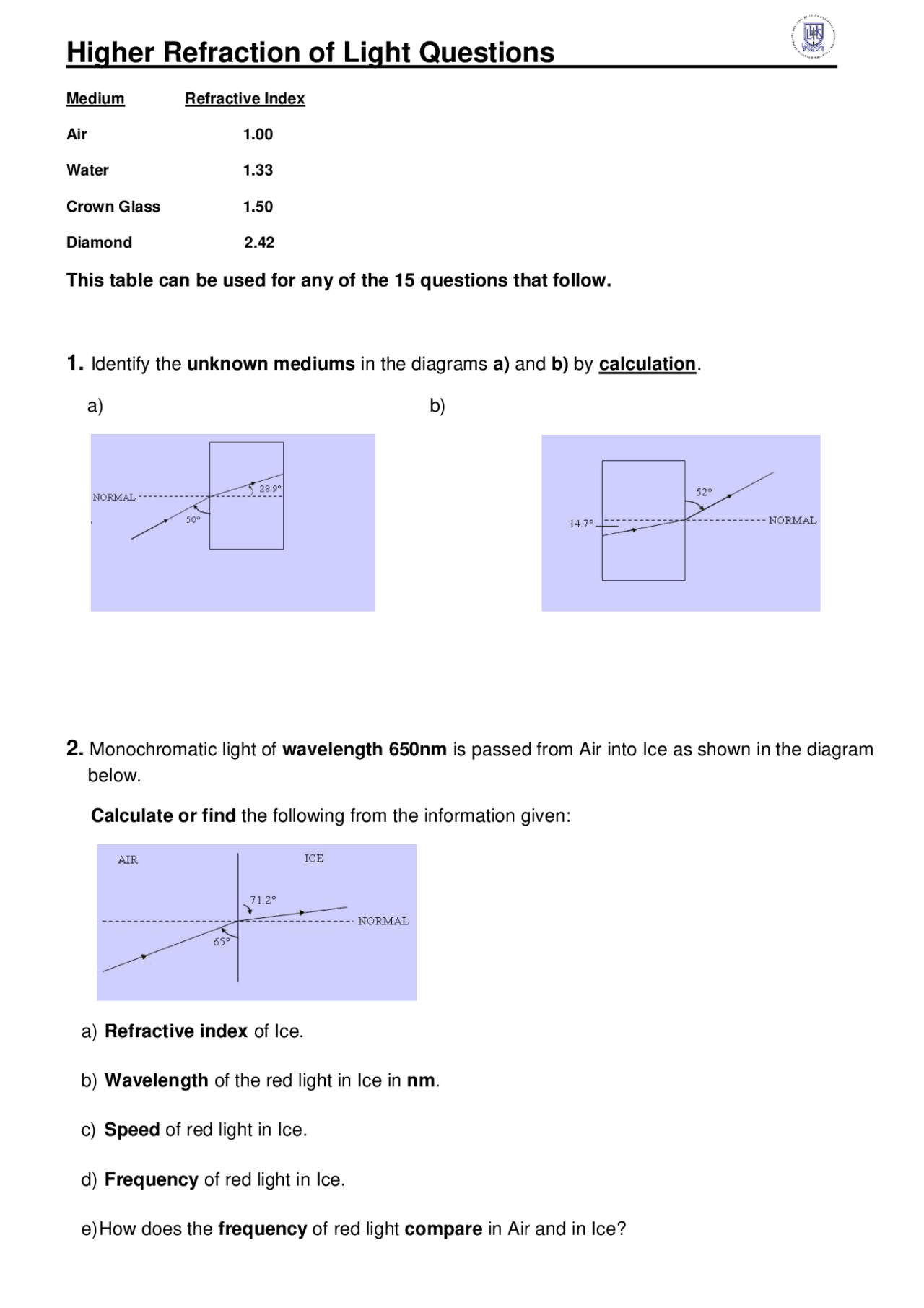 Higher Refraction Of Light Questions Lecture Notes Physics Docsity