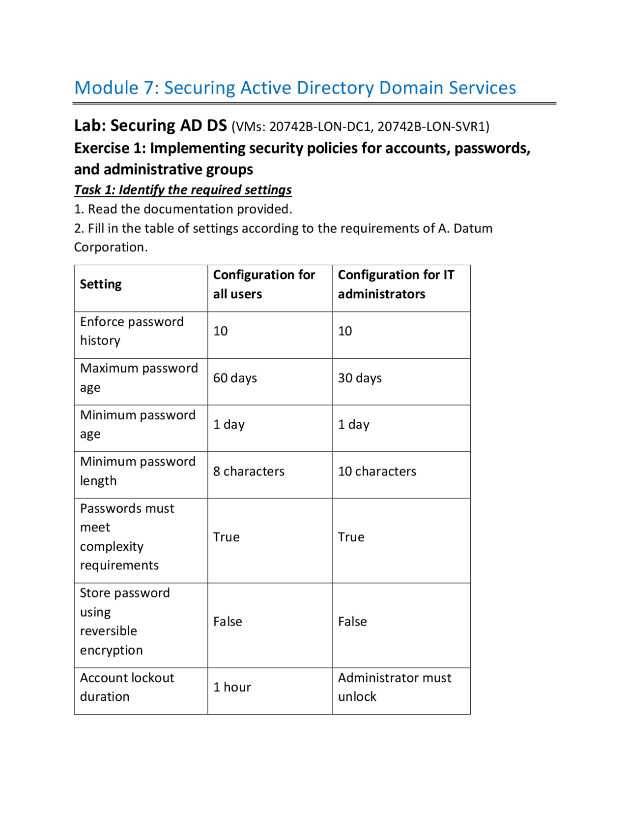 Module 7 Securing Active Directory Domain Services Exercises History