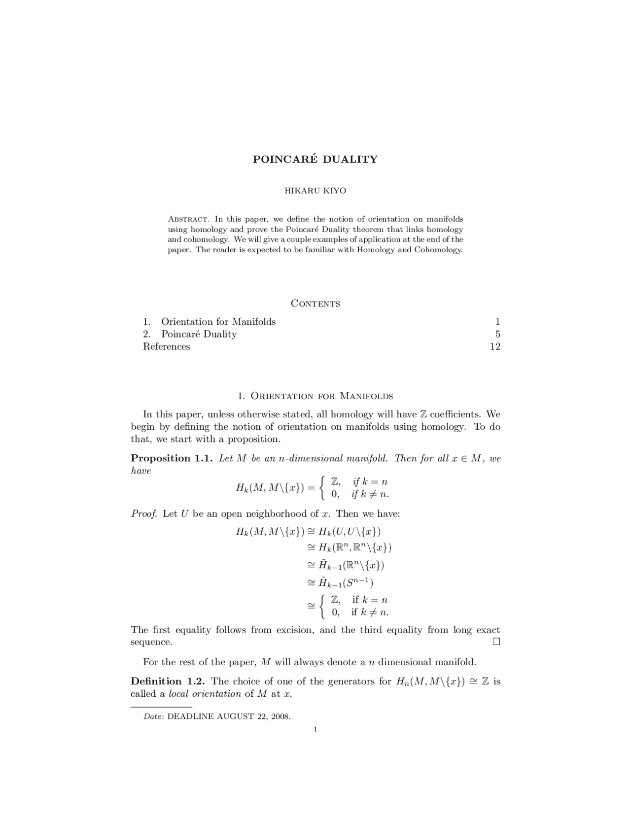 POINCARÉ DUALITY Contents 1. Orientation for Manifolds 1 2 ...