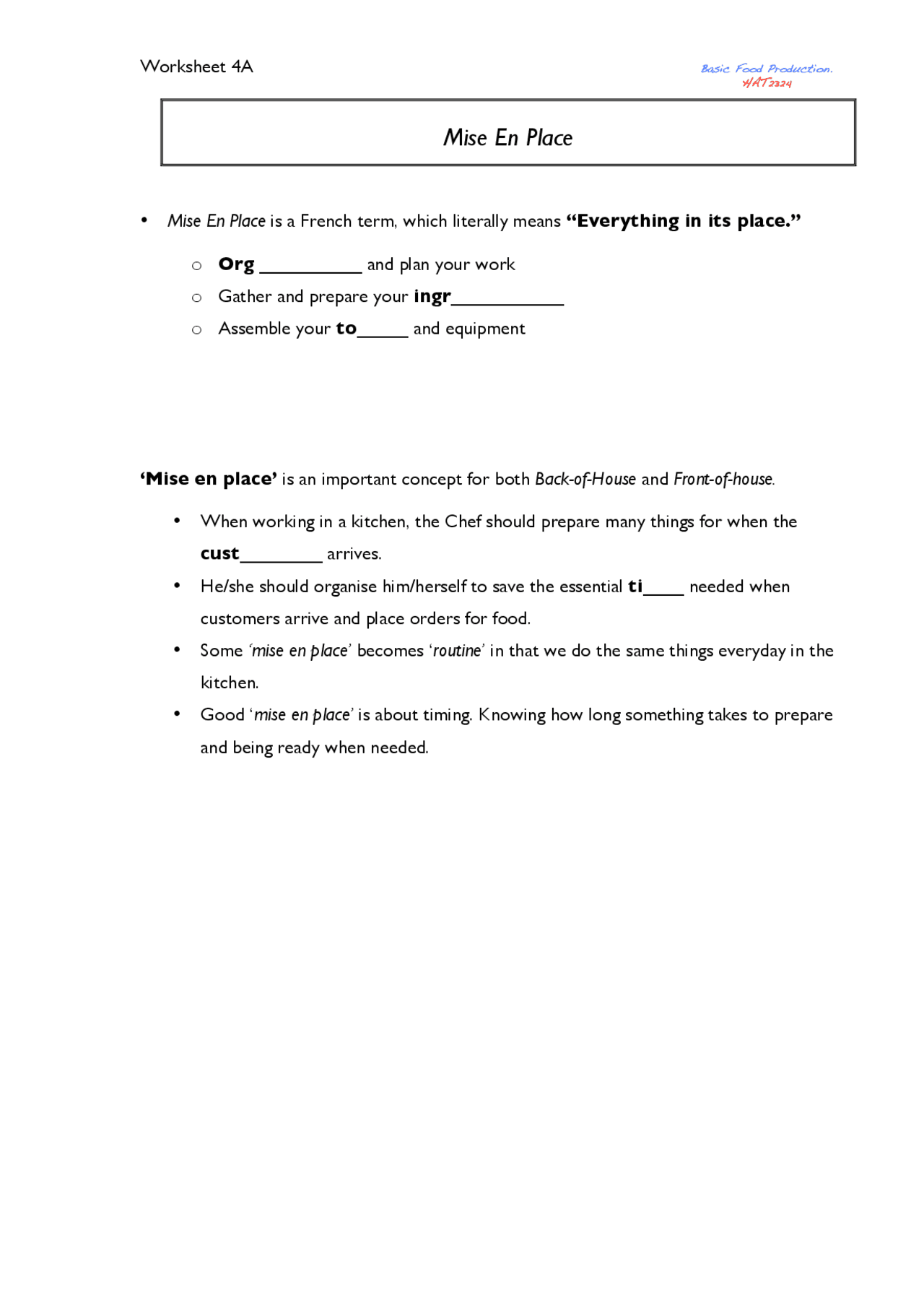 Mise En Place Lecture Notes French Docsity