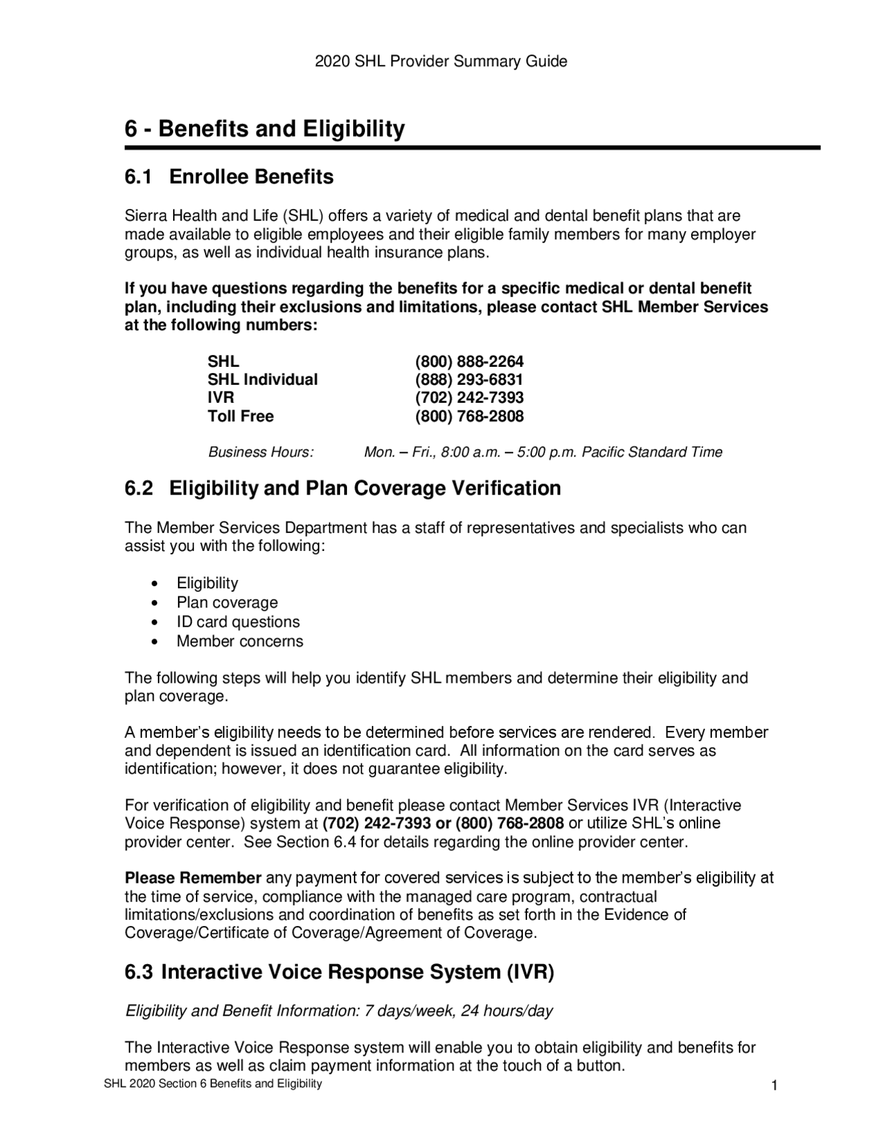 SHL Provider Guide: Benefits and Eligibility | Exercises Voice | Docsity