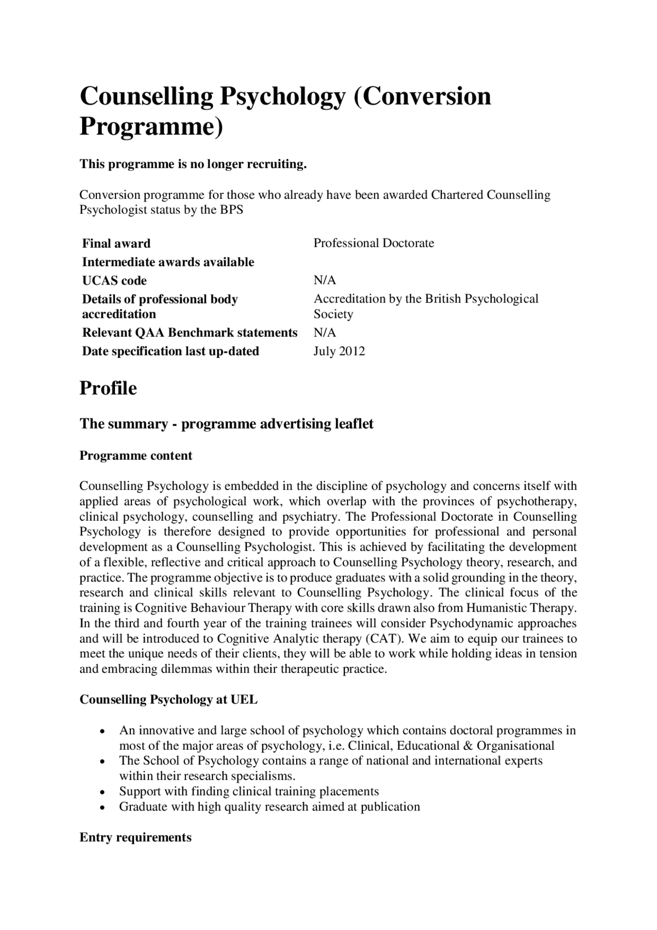 Counselling Psychology (Conversion Programme) | Exams Psychology | Docsity