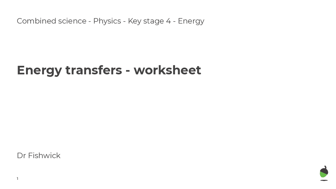 Energy transfers - worksheet | Exams Physics | Docsity
