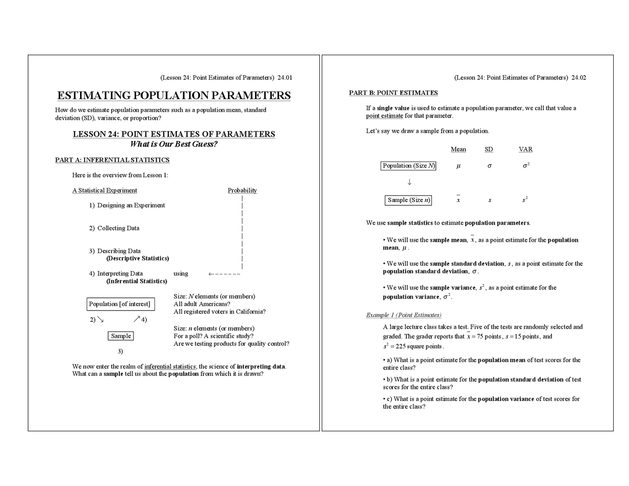 Estimating Population Parameters Exams Statistics Docsity