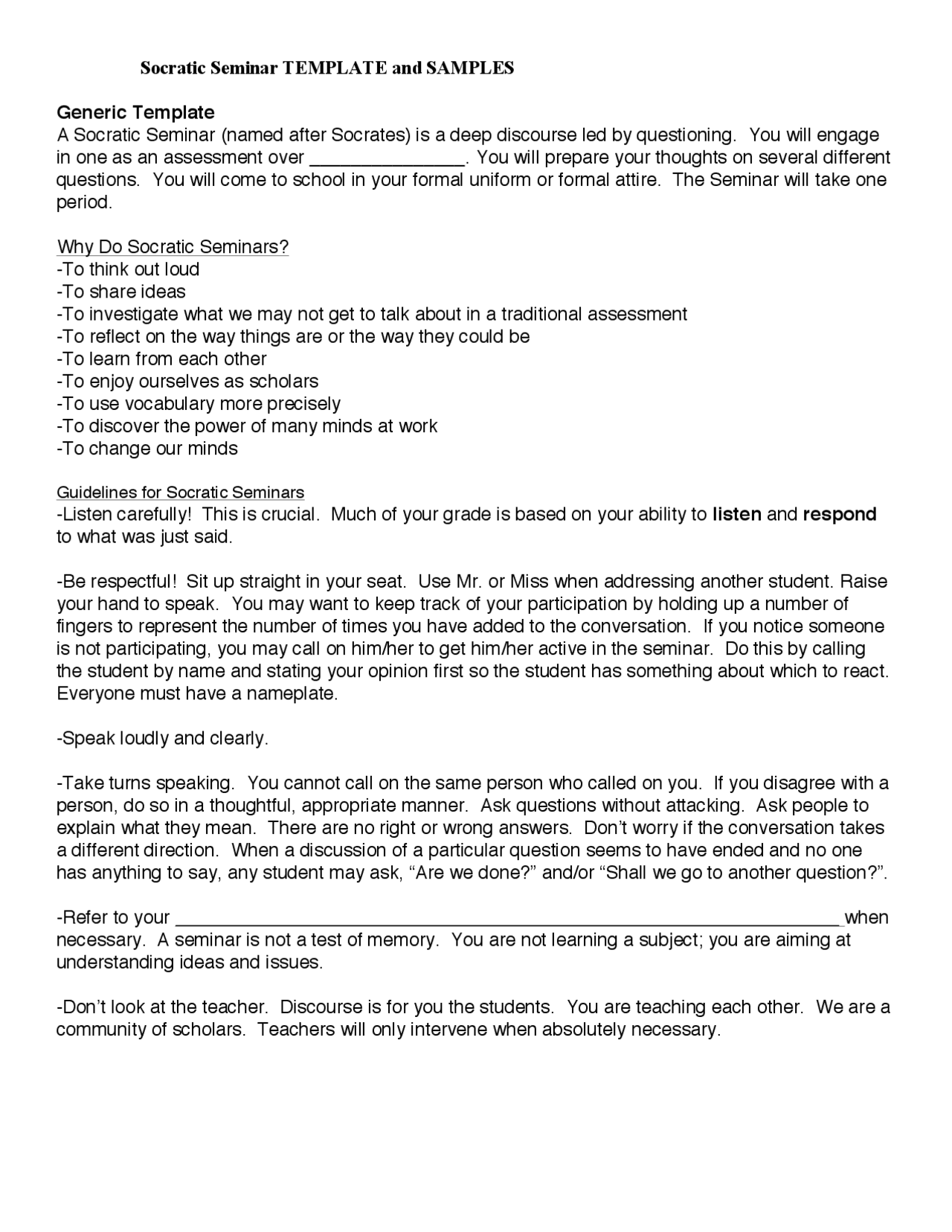 Socratic Seminar TEMPLATE and SAMPLES | Slides Literature | Docsity