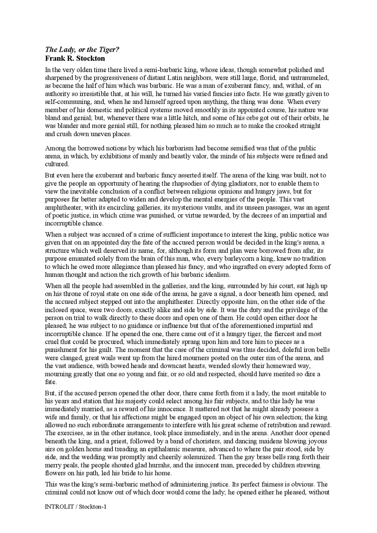 The Lady, or the Tiger? Frank R. Stockton | Summaries Latin | Docsity