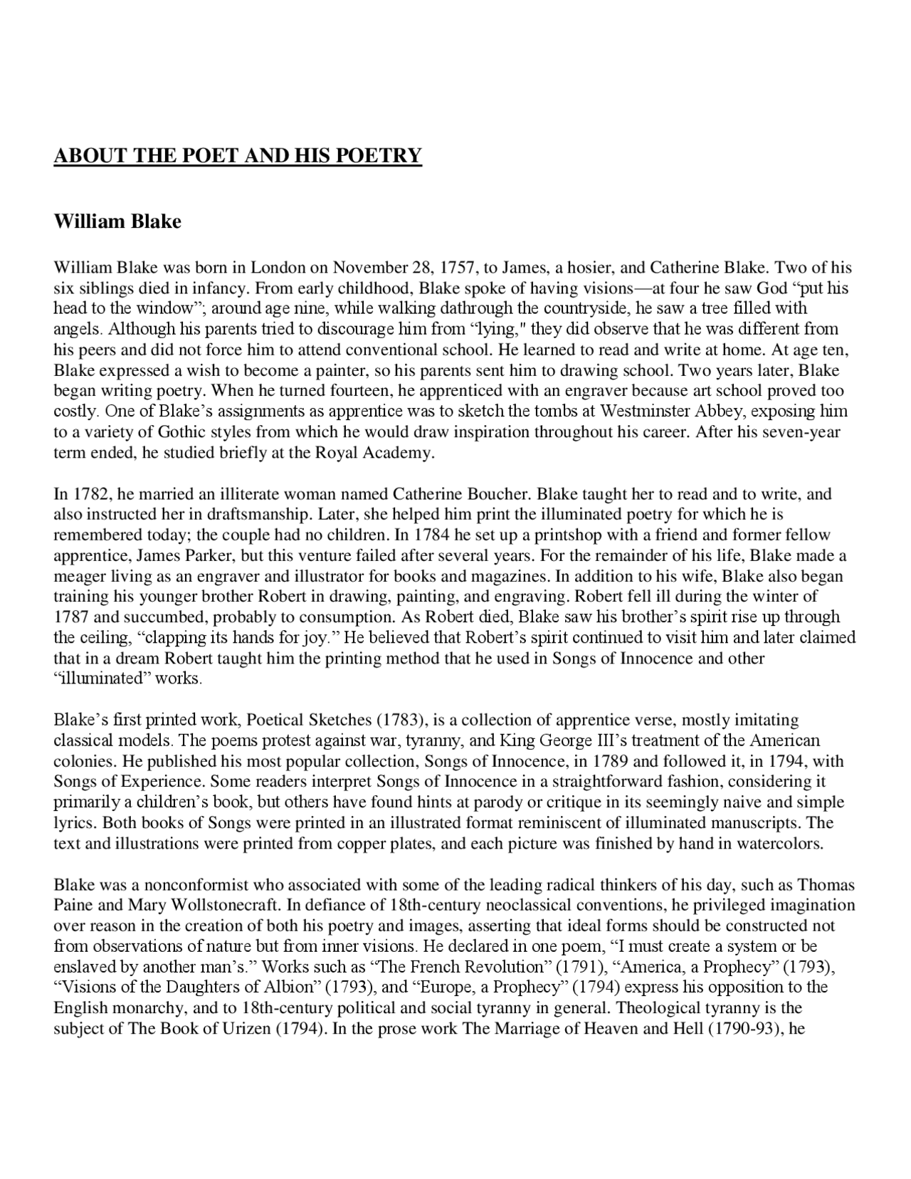 ABOUT THE POET AND HIS POETRY William Blake | Summaries Poetry | Docsity