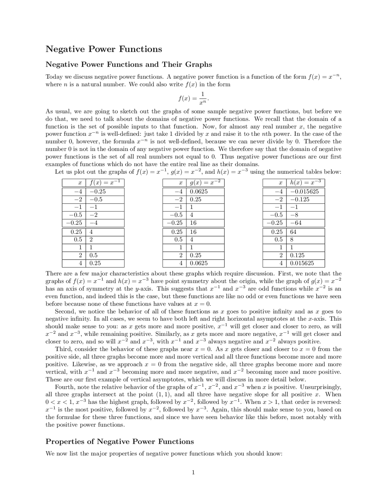 Negative Power Functions | Study notes Pre-Calculus | Docsity