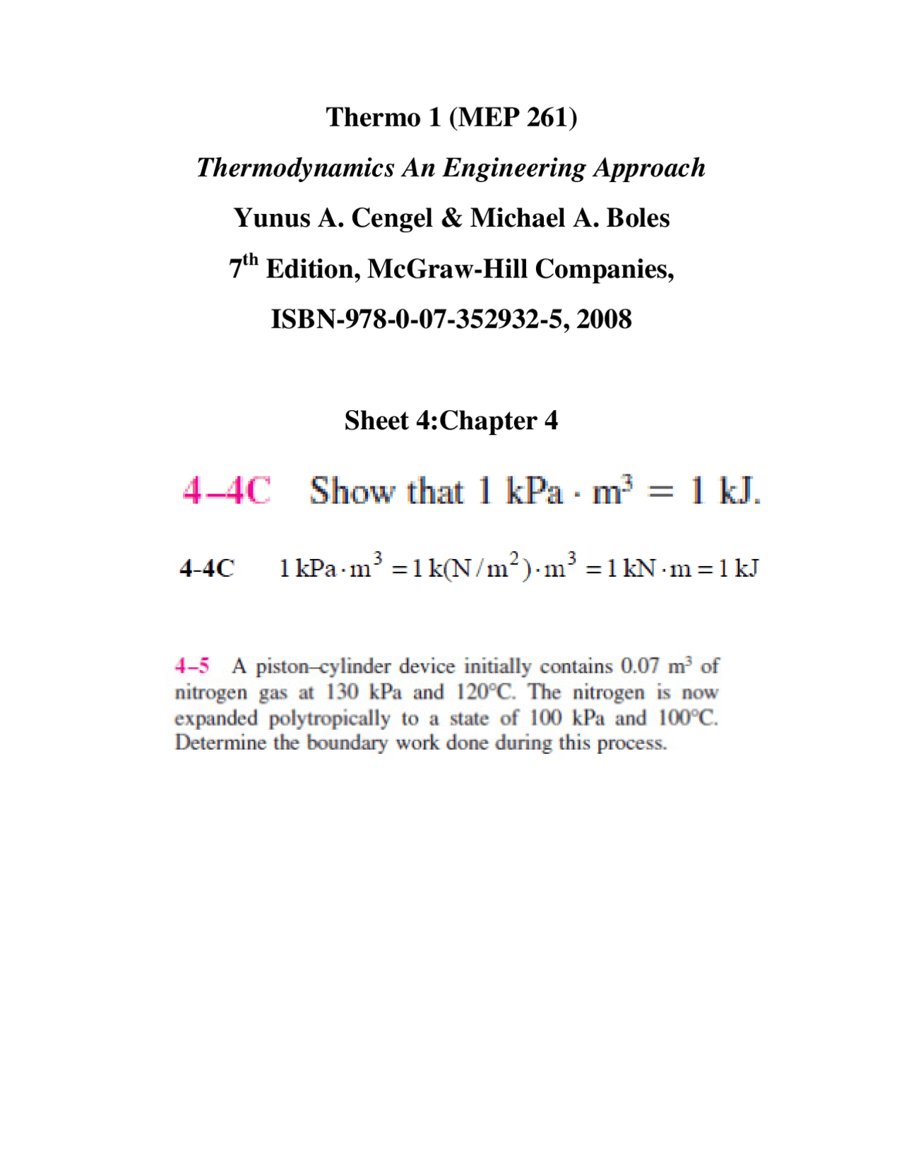 Thermo 1 (MEP 261) Thermodynamics An Engineering ... | Exercises ...