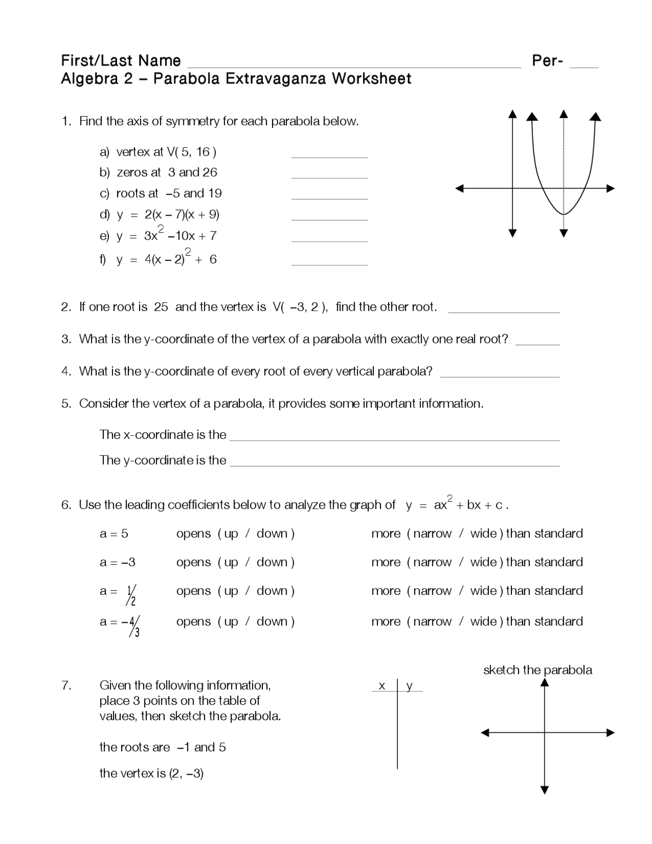 Parabola Worksheet Quiz & Worksheet Writing Standard Form Equations