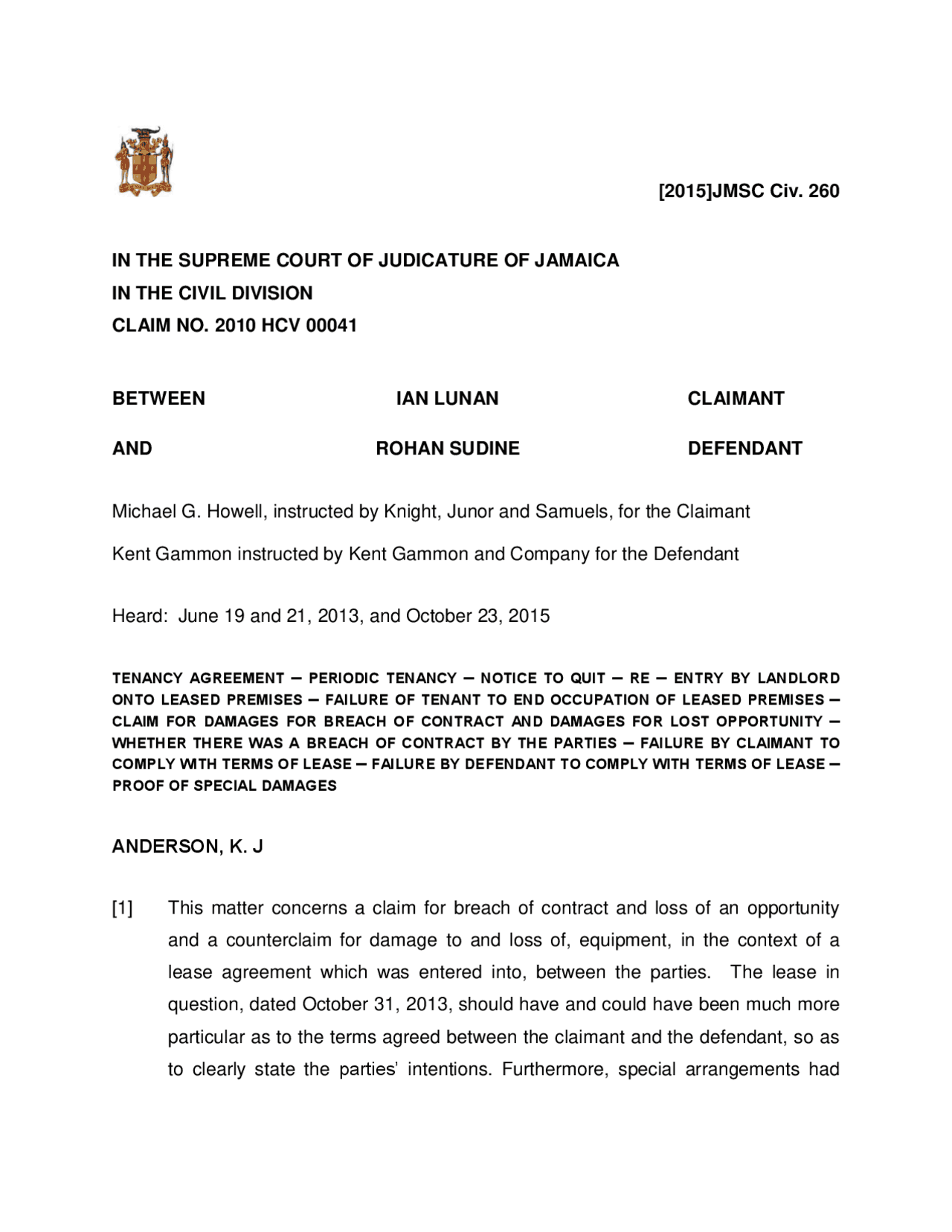 [2015]JMSC Civ. 260 | Summaries Law | Docsity