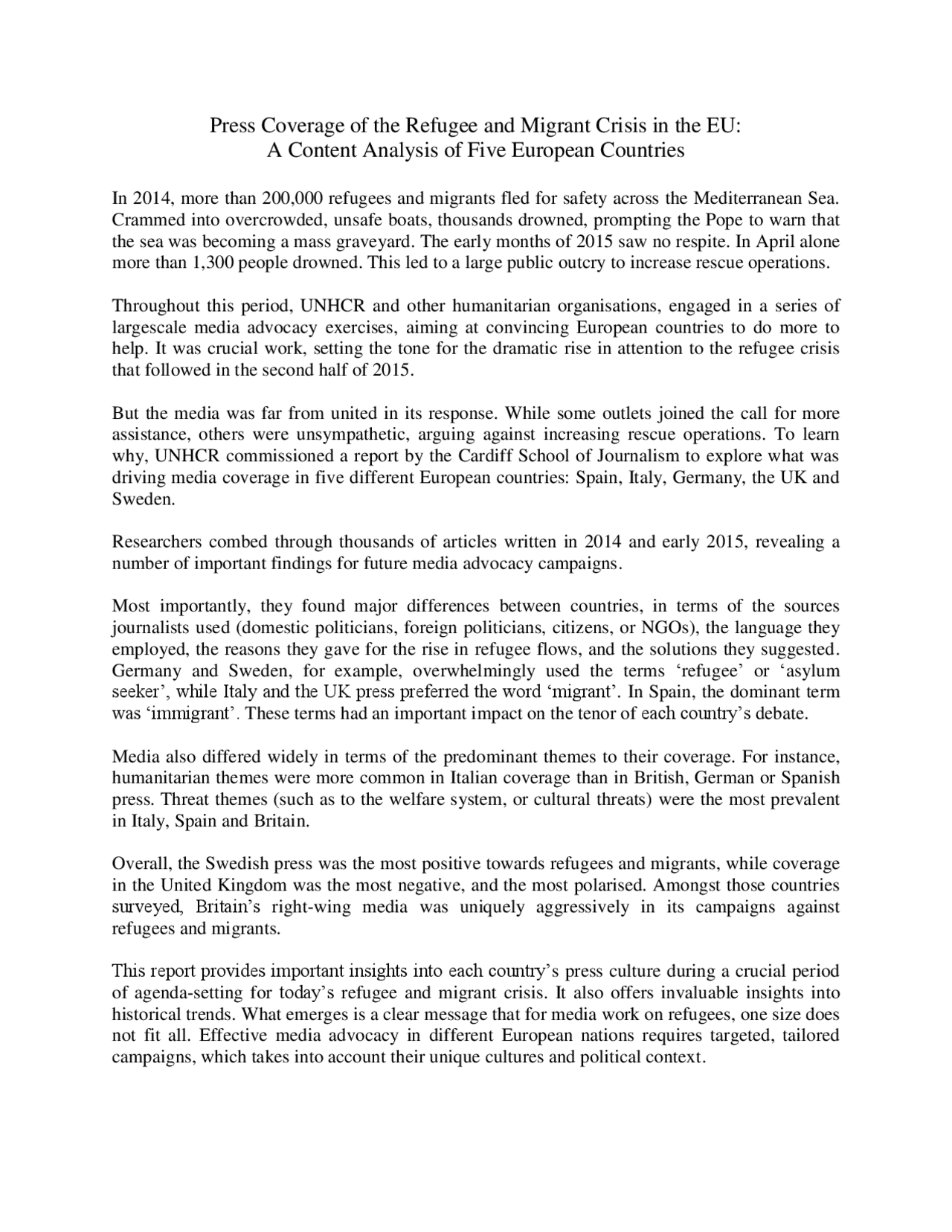 Press Coverage of the Refugee and Migrant Crisis in the EU | Study ...