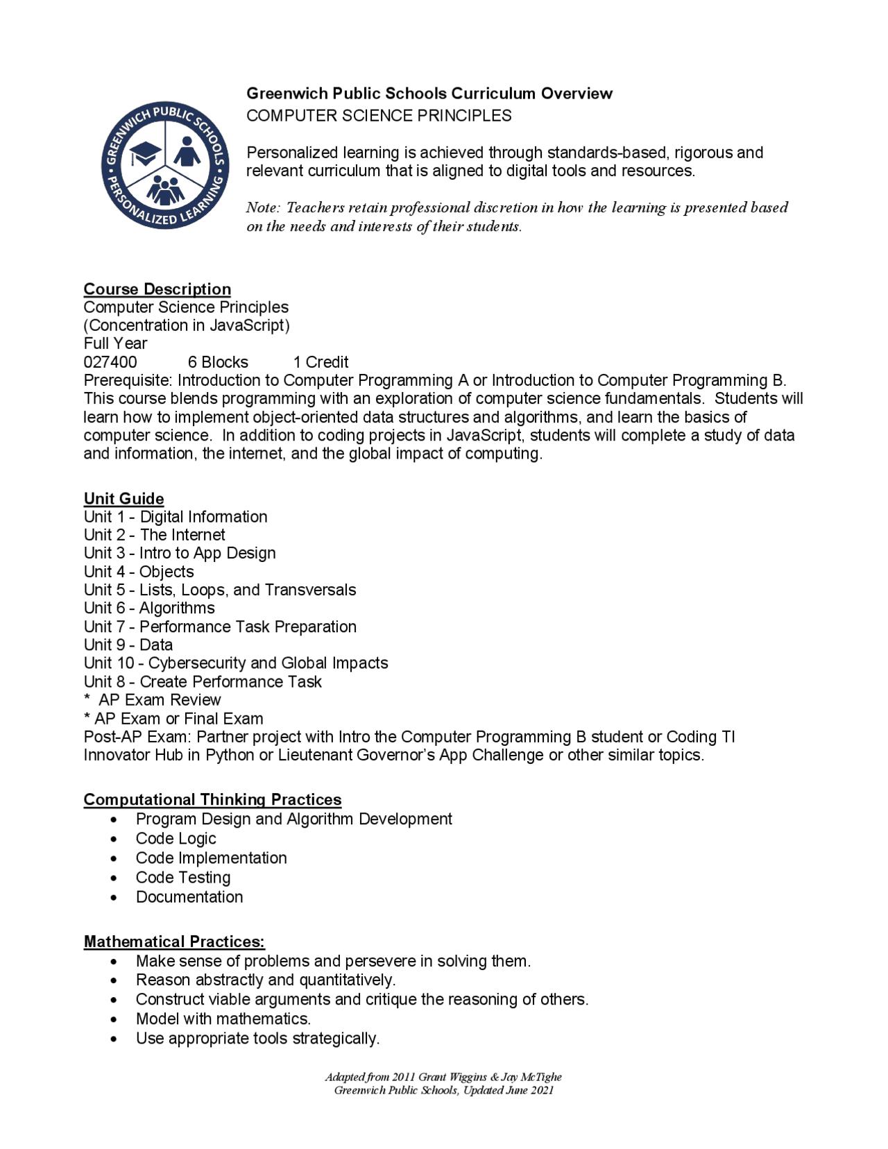 Computer Science Principles Course Overview: Greenwich Public Schools ...