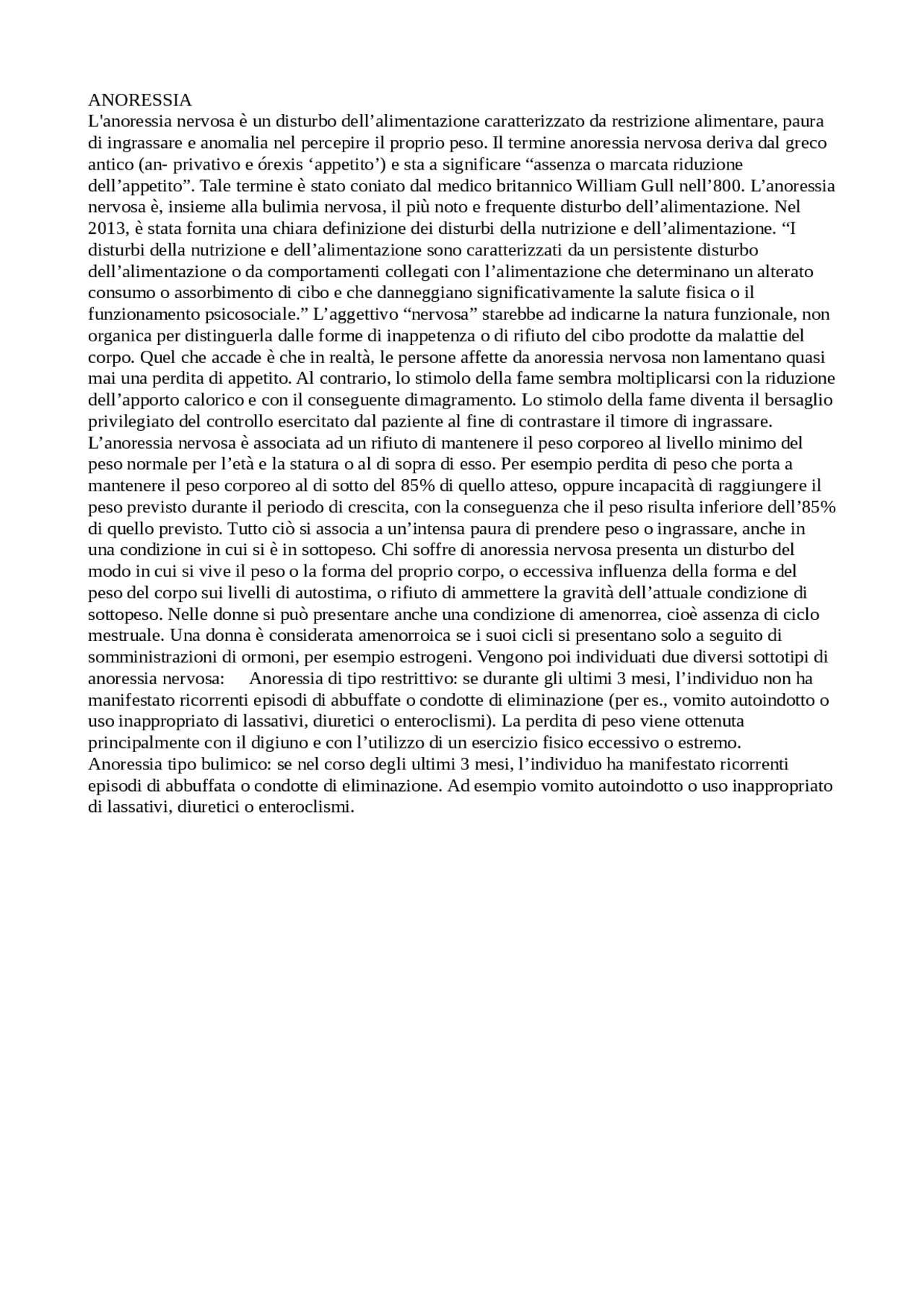 Anoressia Nervosa Cosa è Dispense Di Scienze Mediche Docsity