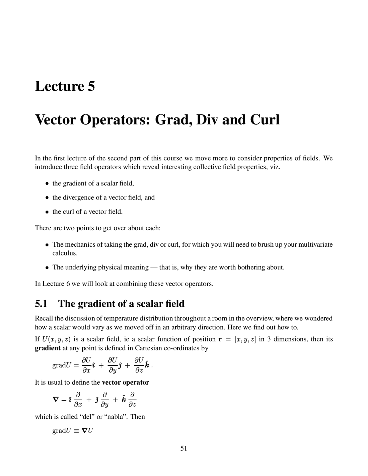 Lecture 5 Vector Operators Grad Div And Curl Lecture Notes Calculus