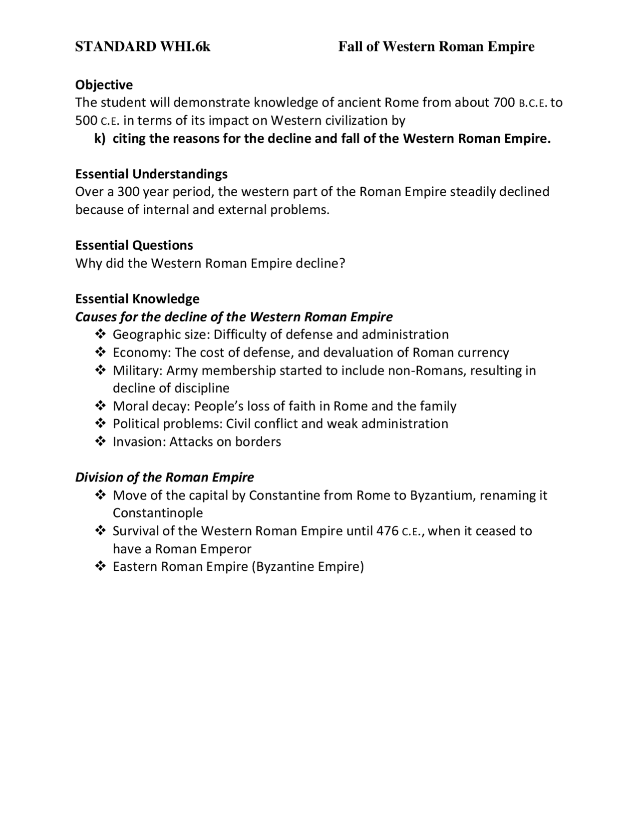 STANDARD WHI.6k Fall of Western Roman Empire Objective ... | Study ...