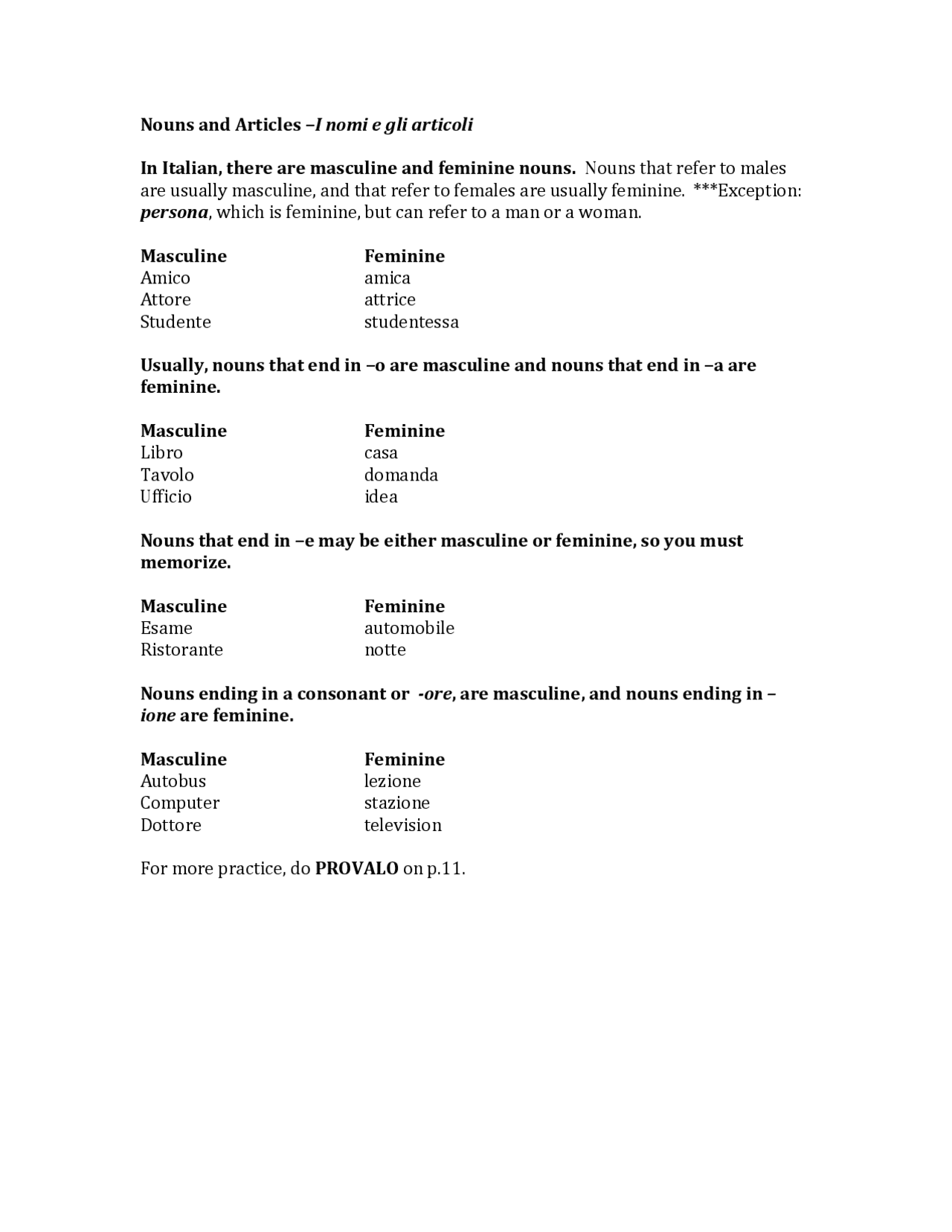 Nouns and Articles –I nomi e gli articoli | Lecture notes Italian | Docsity