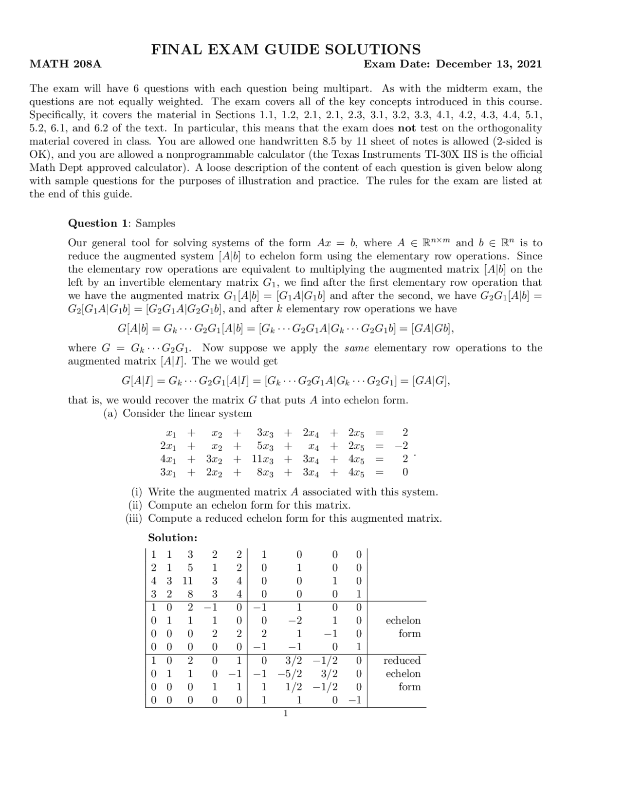 FINAL EXAM GUIDE SOLUTIONS | Exams Algebra | Docsity