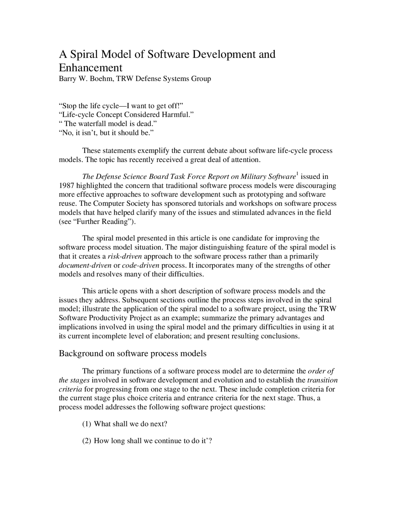 A Spiral Model of Software Development and Enhancement | Lecture notes ...