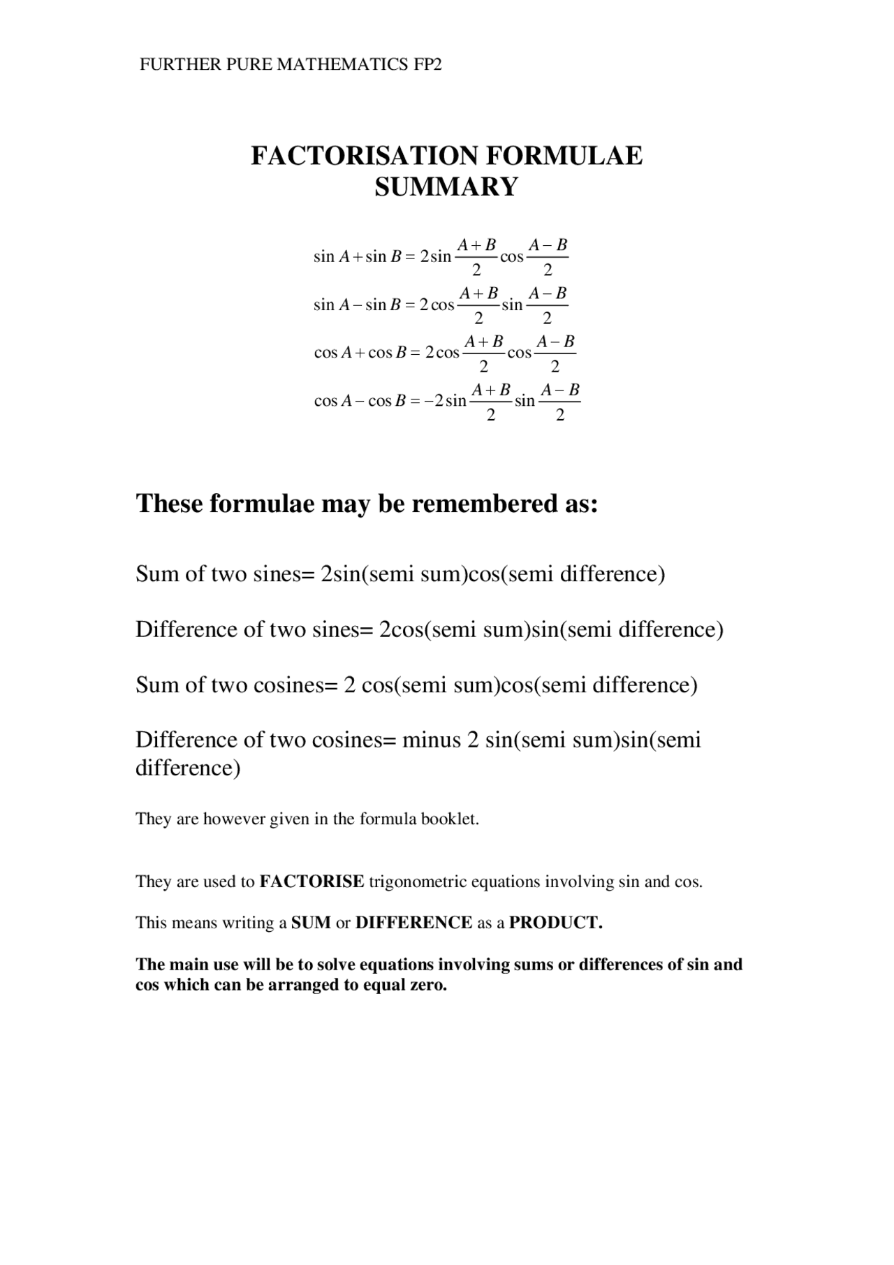 Factorisation Formulae Summaries Mathematics Docsity