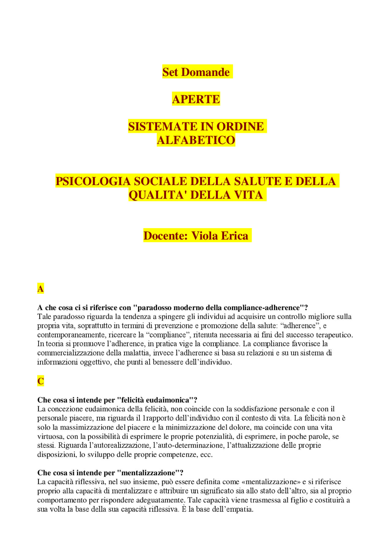 Psicologia Sociale Della Salute E Della Qualita Della Vita Domande