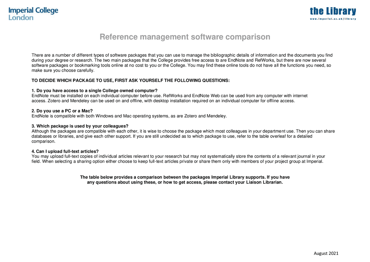 Reference Management Software Comparison: EndNote, RefWorks, Zotero ...