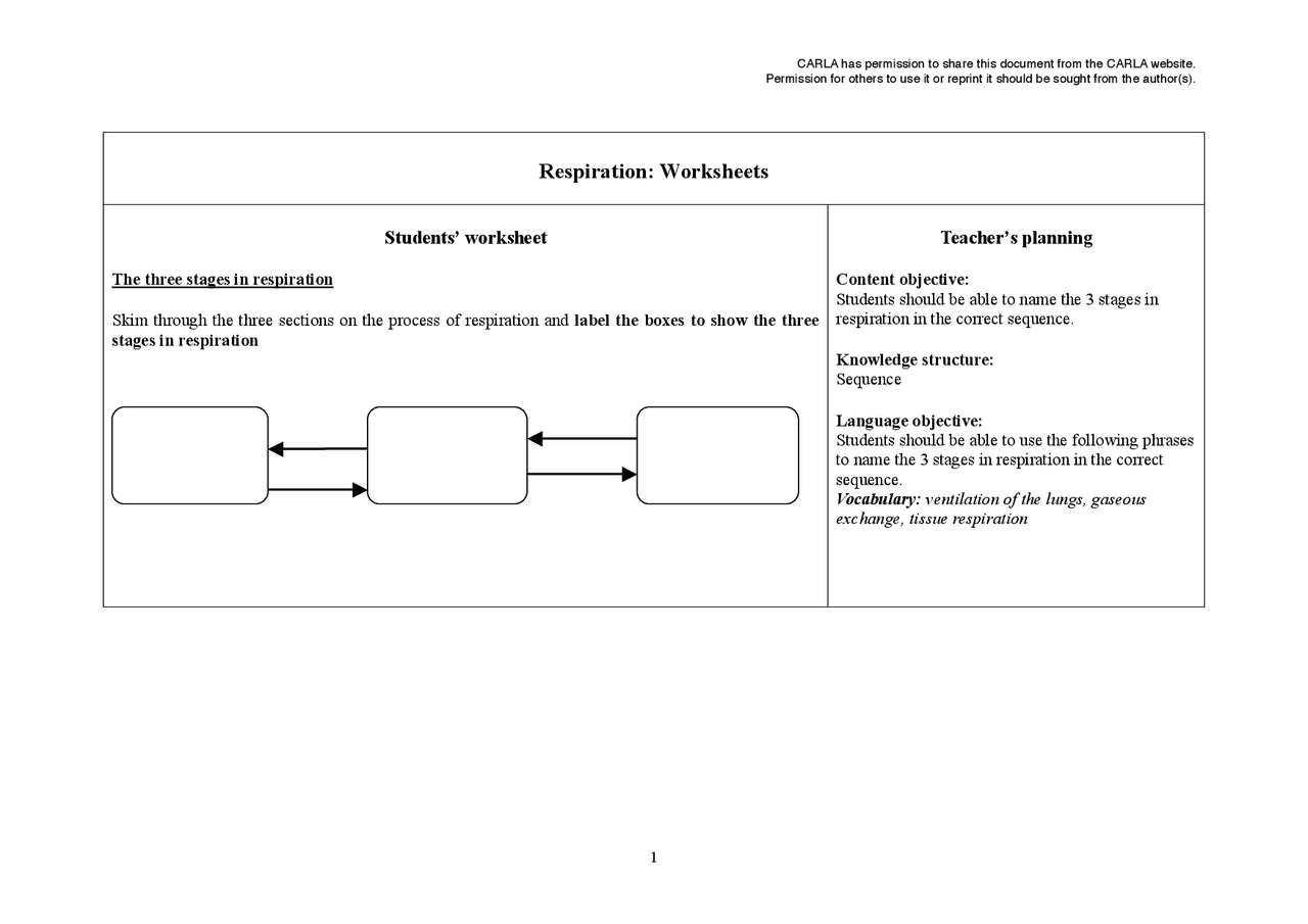 Respiration: Worksheets | Study notes Cell Biology | Docsity
