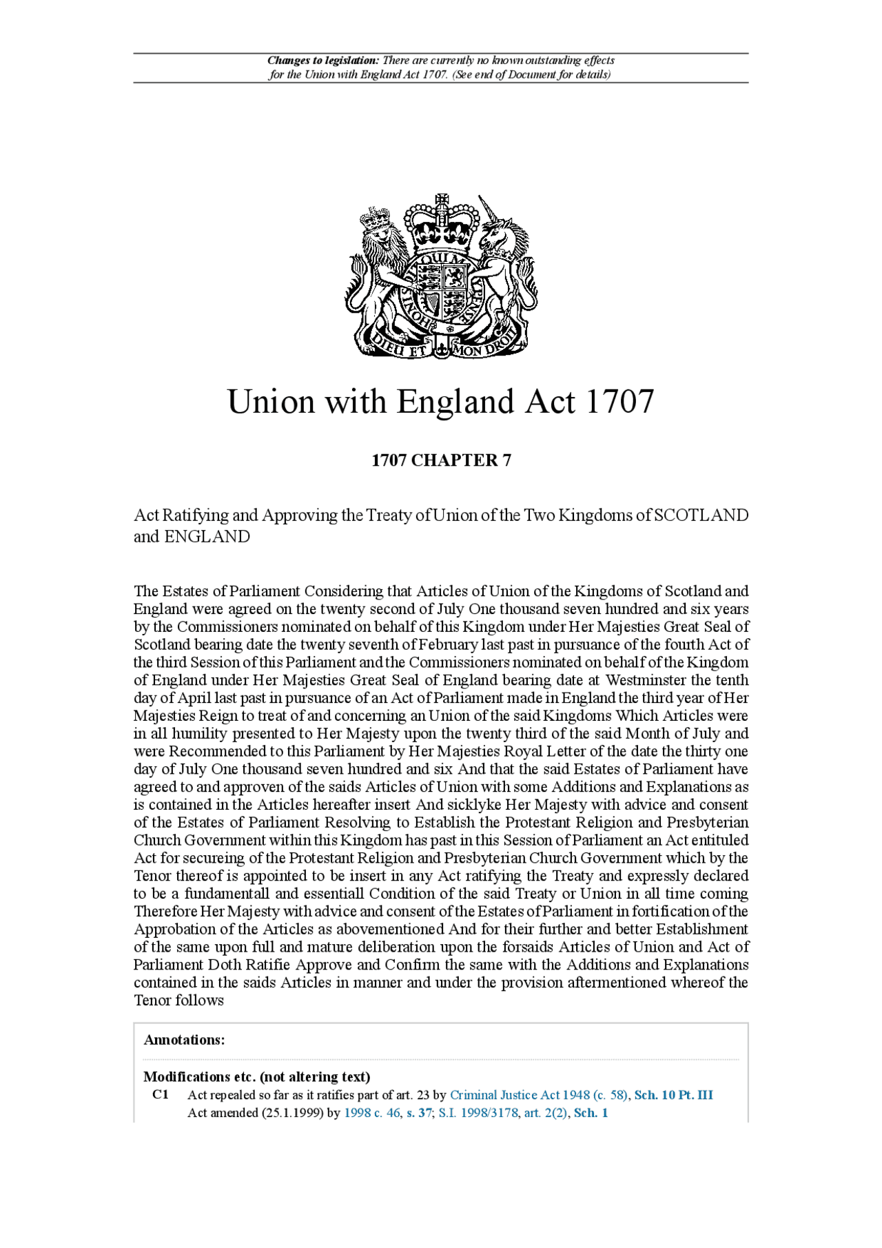 Union with England Act 1707: The Treaty Establishing Great Britain ...