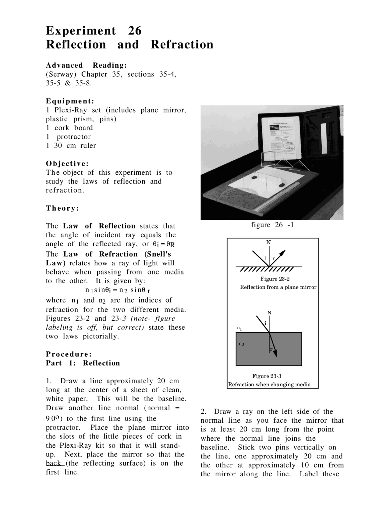 Experiment 26 Reflection And Refraction Lecture Notes Law Docsity