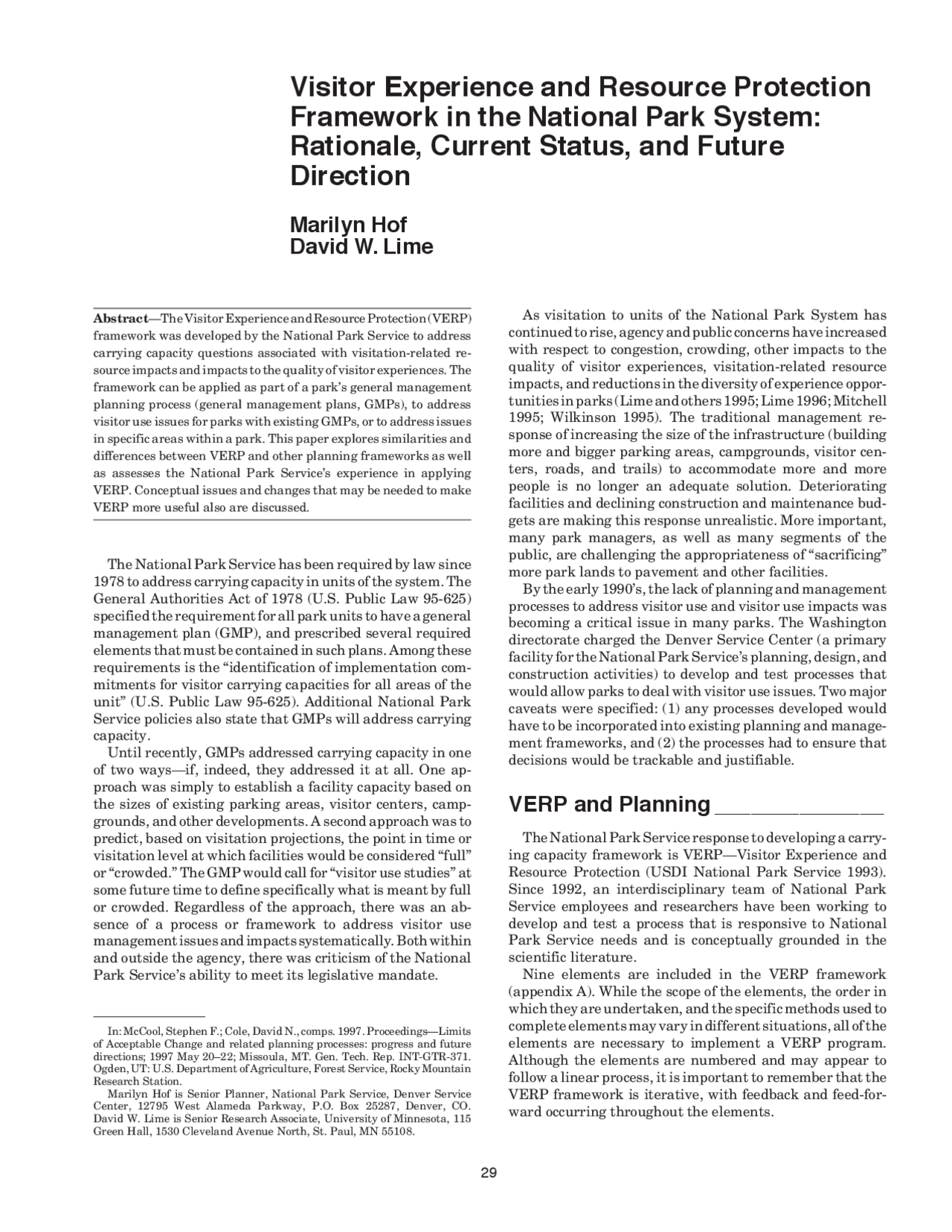 VERP Framework in National Parks: Application & Research Agenda ...
