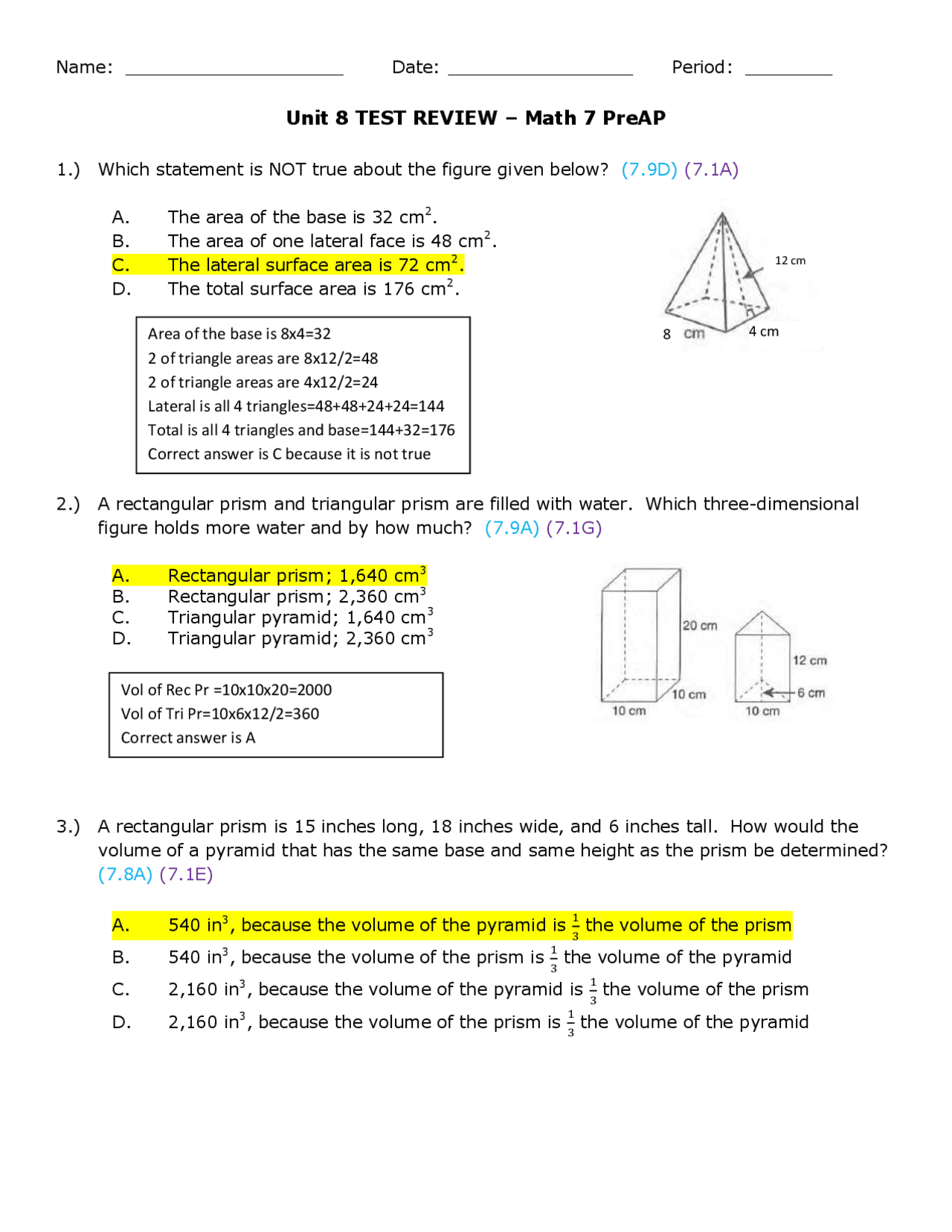 Unit 8 TEST REVIEW – Math 7 PreAP | Study notes Mathematics | Docsity