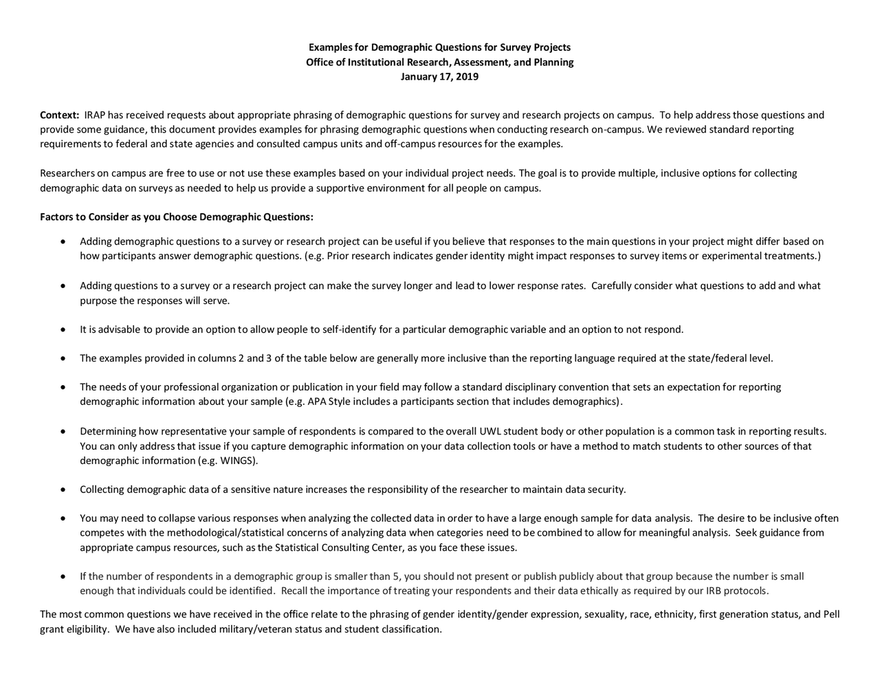 Examples For Demographic Questions For Survey Projects Lecture Notes