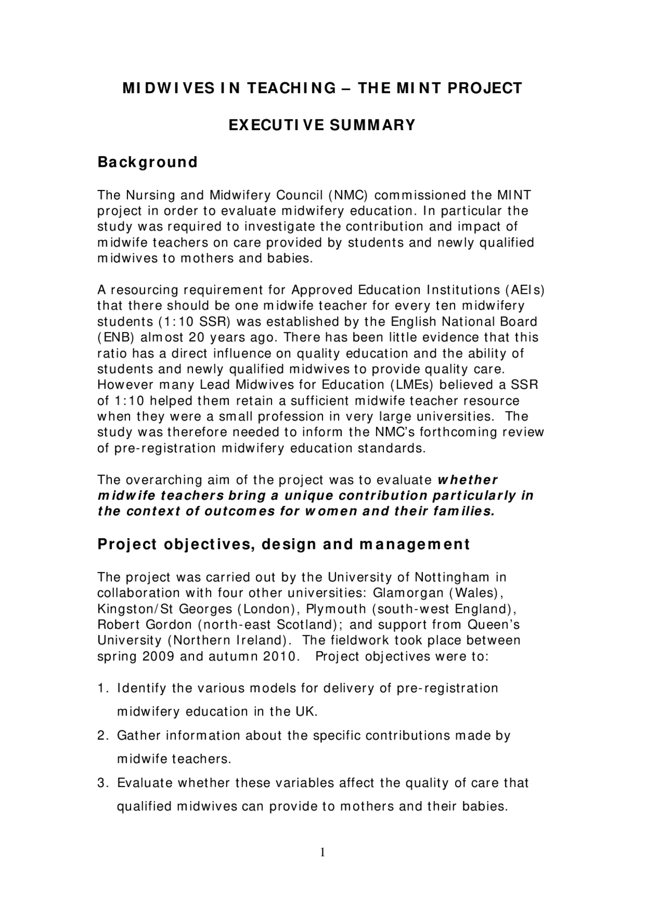 THE MINT PROJECT EXECUTIVE SUMMARY Background | Schemes and Mind Maps Design | Docsity